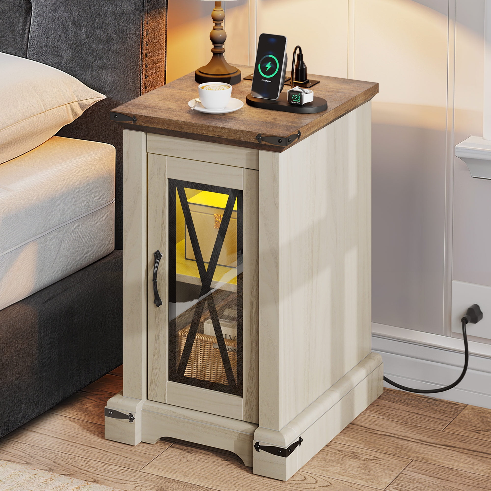 DWVO Farmhouse End Table with Charging Station and LED Lights ...