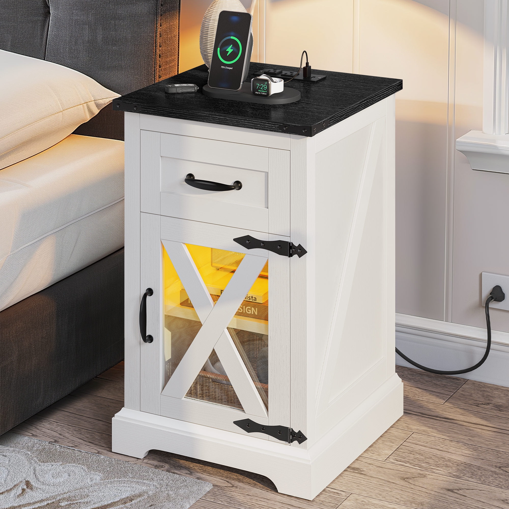 DWVO Farmhouse End Table with Charging Station and LED Lights ...