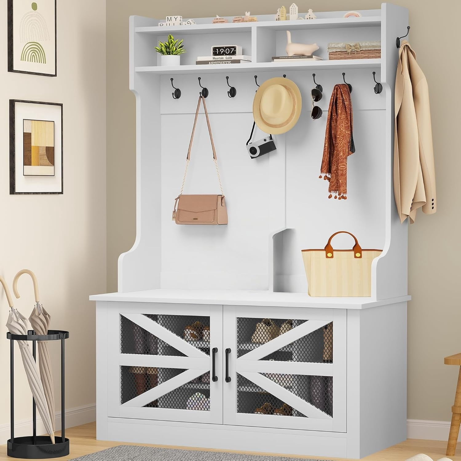 DWVO Farmhouse Hall Tree, Entryway with Coat Rack and Shoe Storage ...