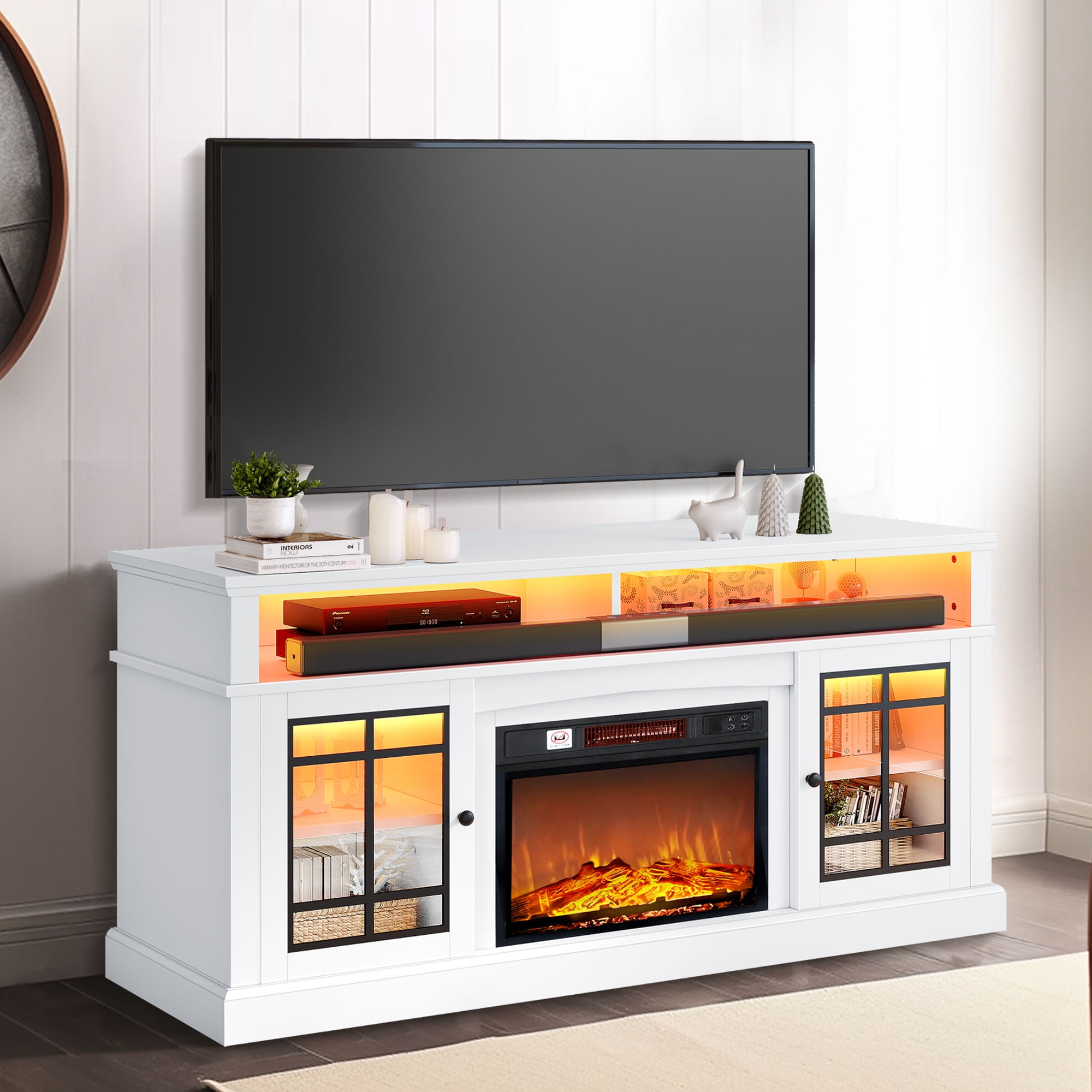 DWVO Farmhouse LED Fireplace TV Stand w/ Acrylic Glass Door for TVs up ...