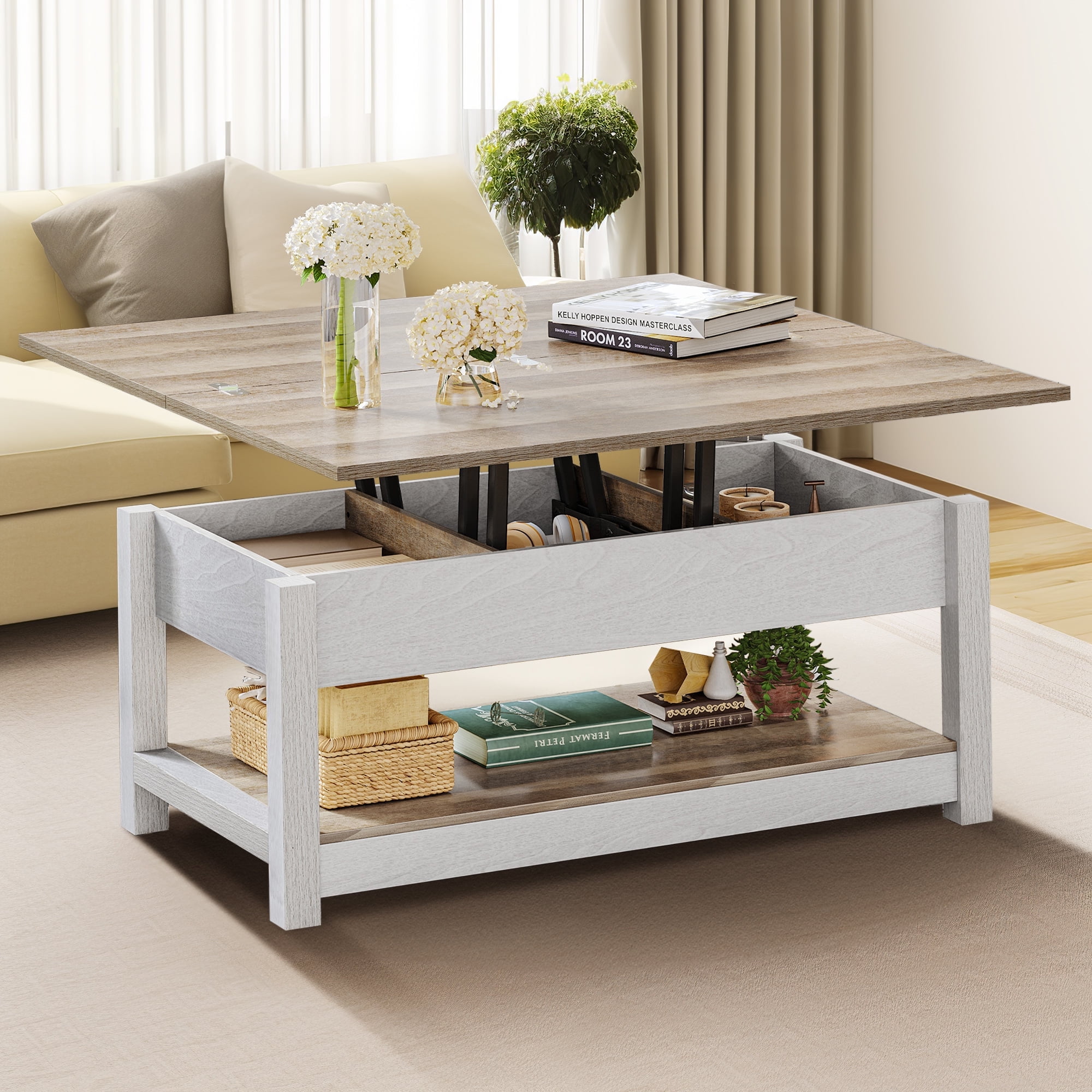 DWVO Farmhouse Lift Top Coffee Table, 3 in 1 Multi-Function Center ...