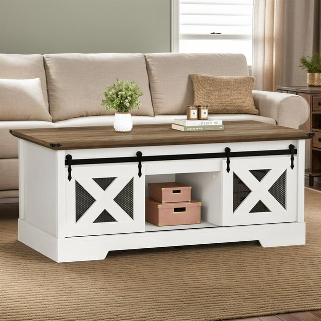 DWVO Farmhouse Lift Top Coffee Table with Storage & Sliding Door ...