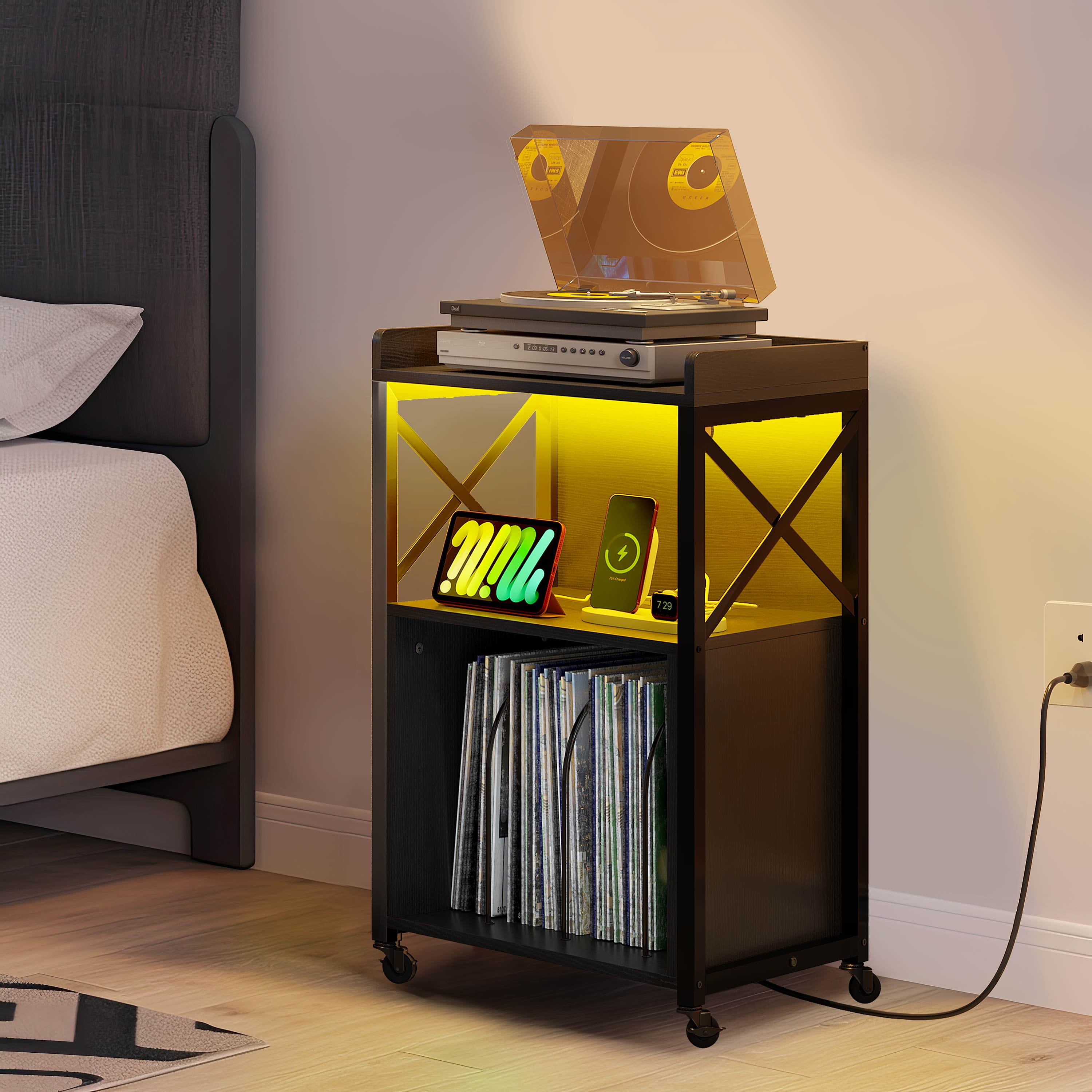 DWVO Farmhouse Record Player Stand with Power Outlets and LED Lights ...