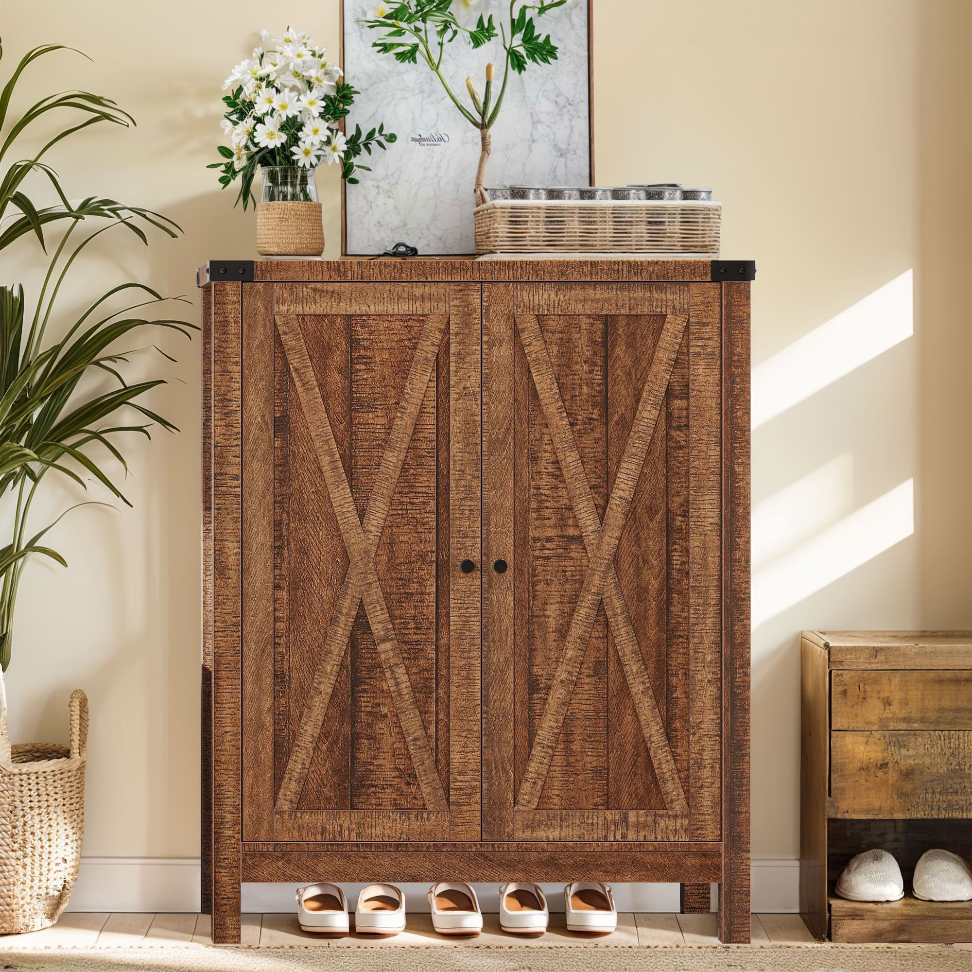 DWVO Farmhouse Shoe Cabinet with Barn Doors, 5-Tier Wood Shoe Storage ...