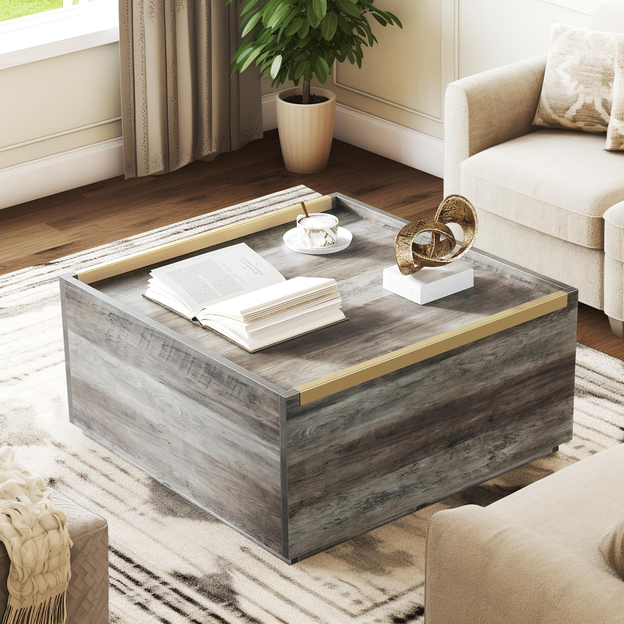 DWVO Farmhouse Square Coffee Table with Storage, Hidden Drawers, Gold ...