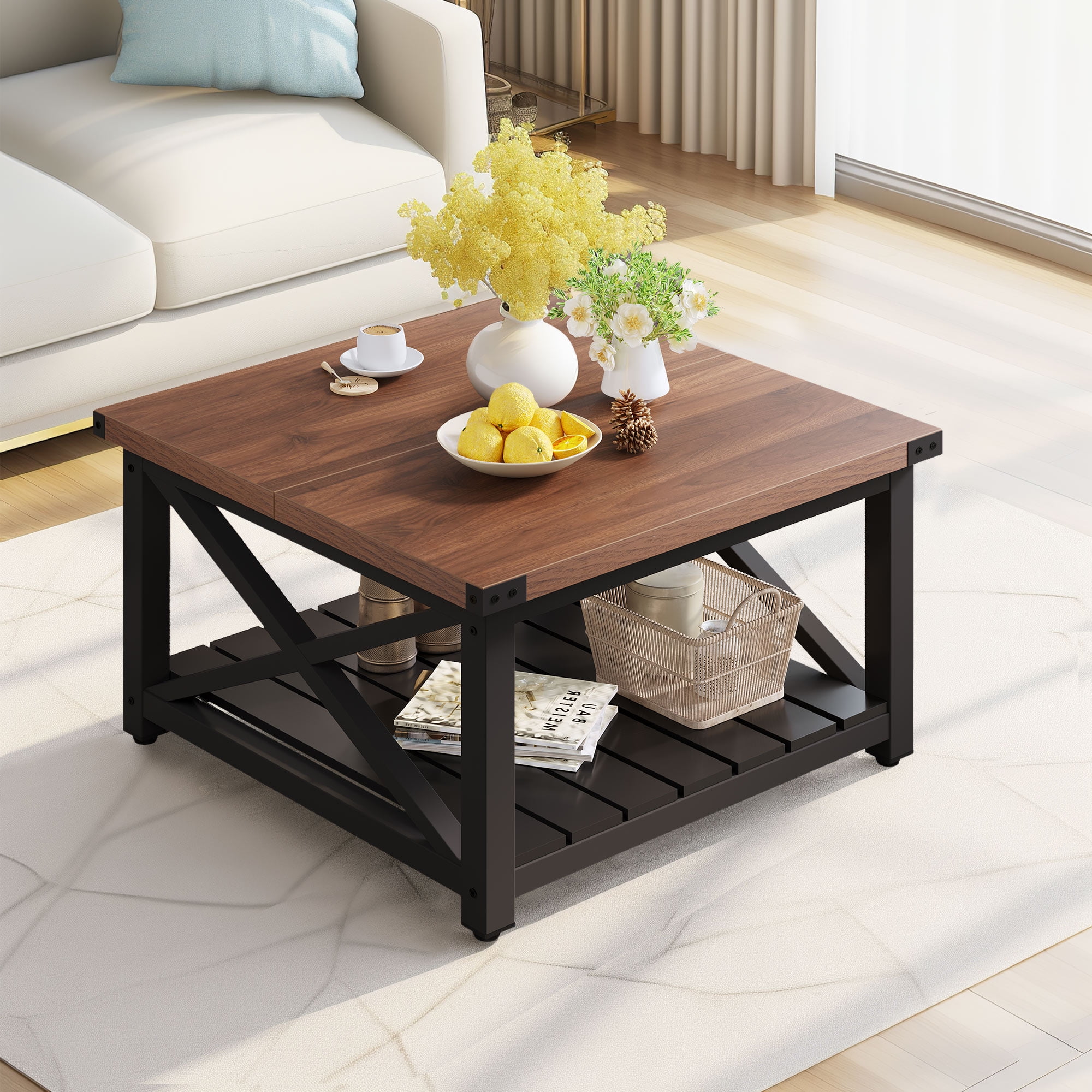 DWVO Farmhouse Square Coffee Table Wood Center Table End Table with ...