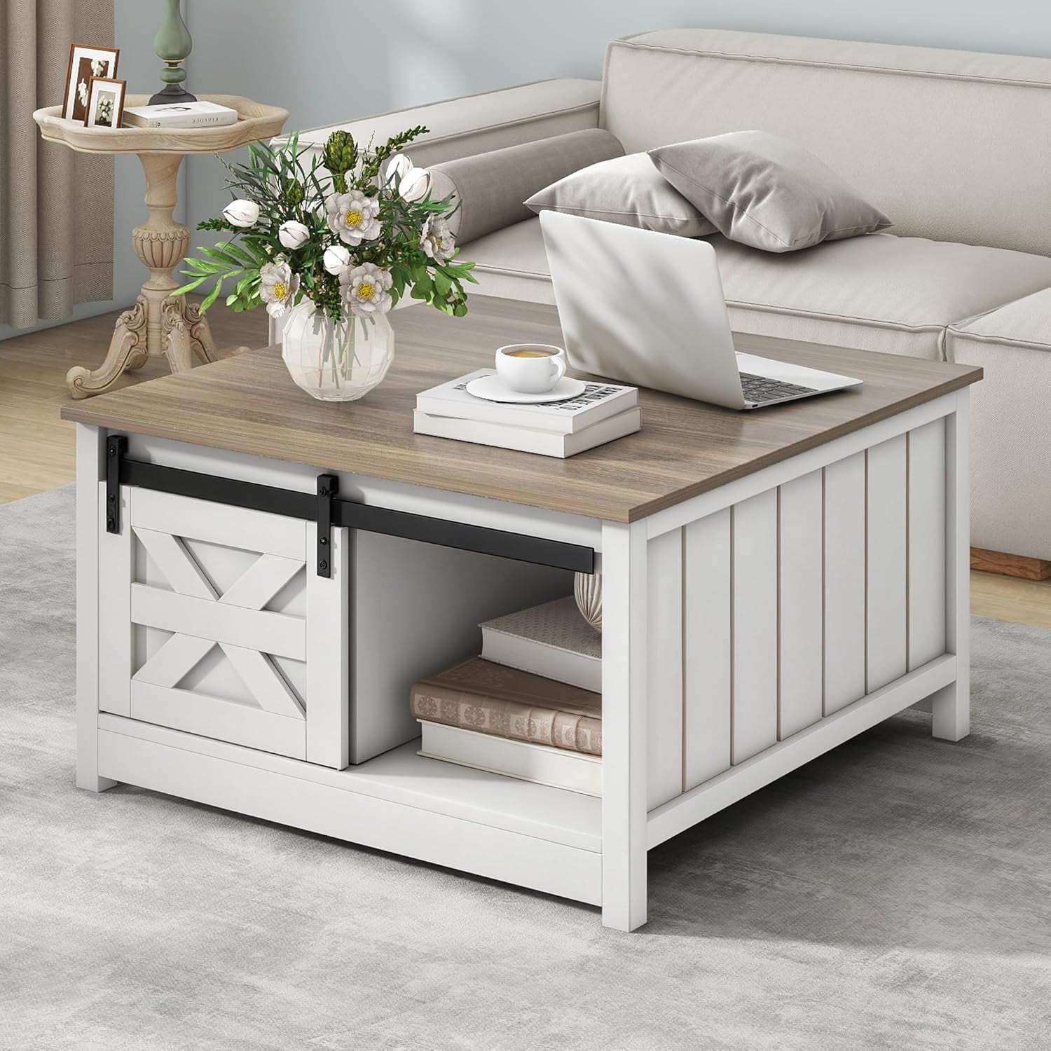 DWVO Farmhouse Storage Coffee Table: Wooden Square Center Table with ...