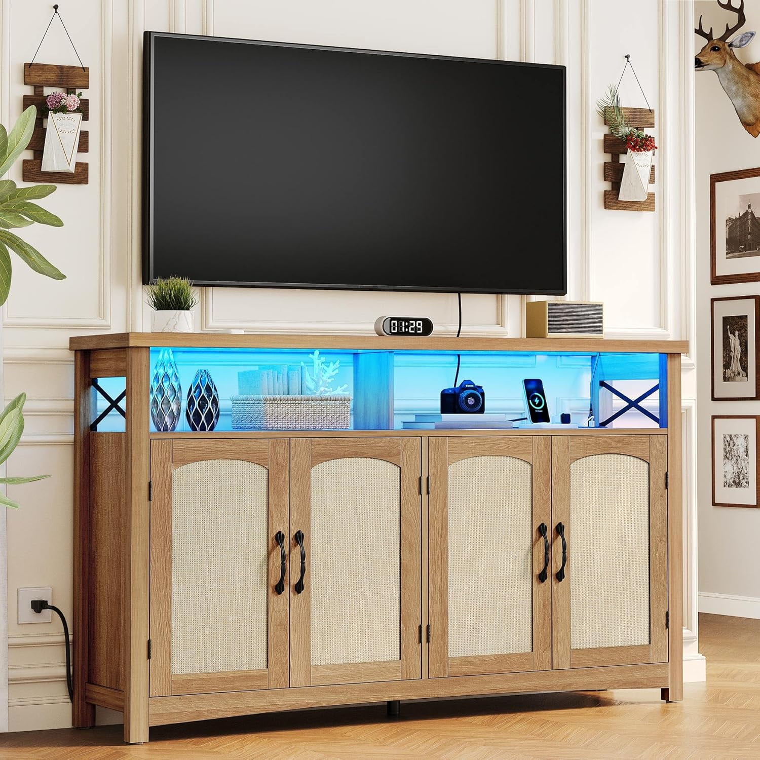 DWVO Farmhouse TV Stand for Living Room, 35.4" Tall Rattan ...
