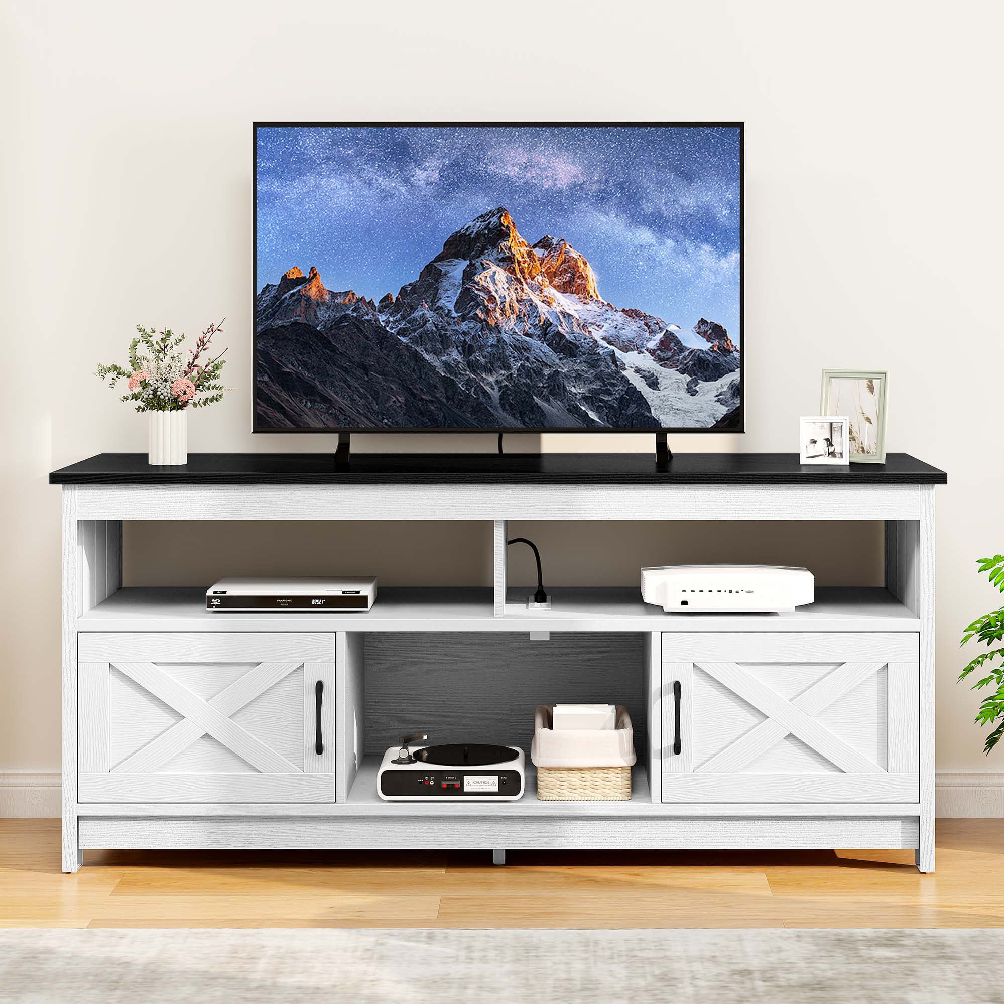 DWVO Farmhouse Barn Door TV Stand for 65 inch, Rustic Wood Media ...