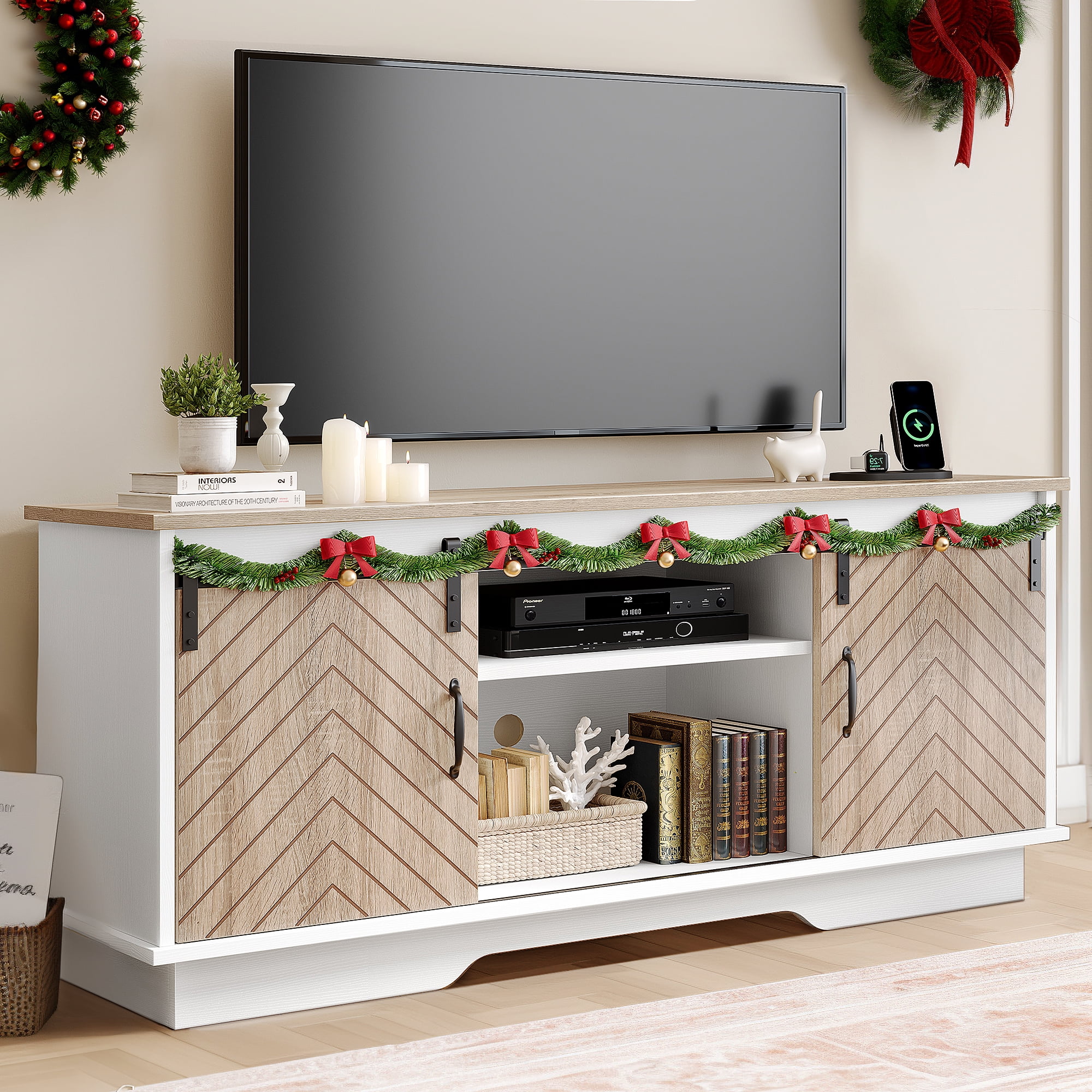 DWVO Farmhouse TV Stand for TVs up to 65 inch, Wood Entertainment ...