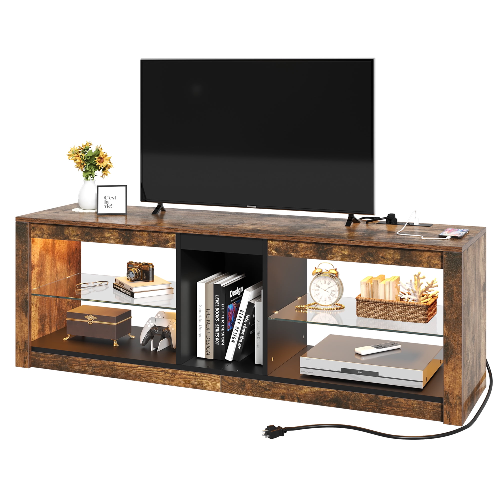 DWVO Farmhouse TV Stand with LED Ambient Lights Entertainment Center ...