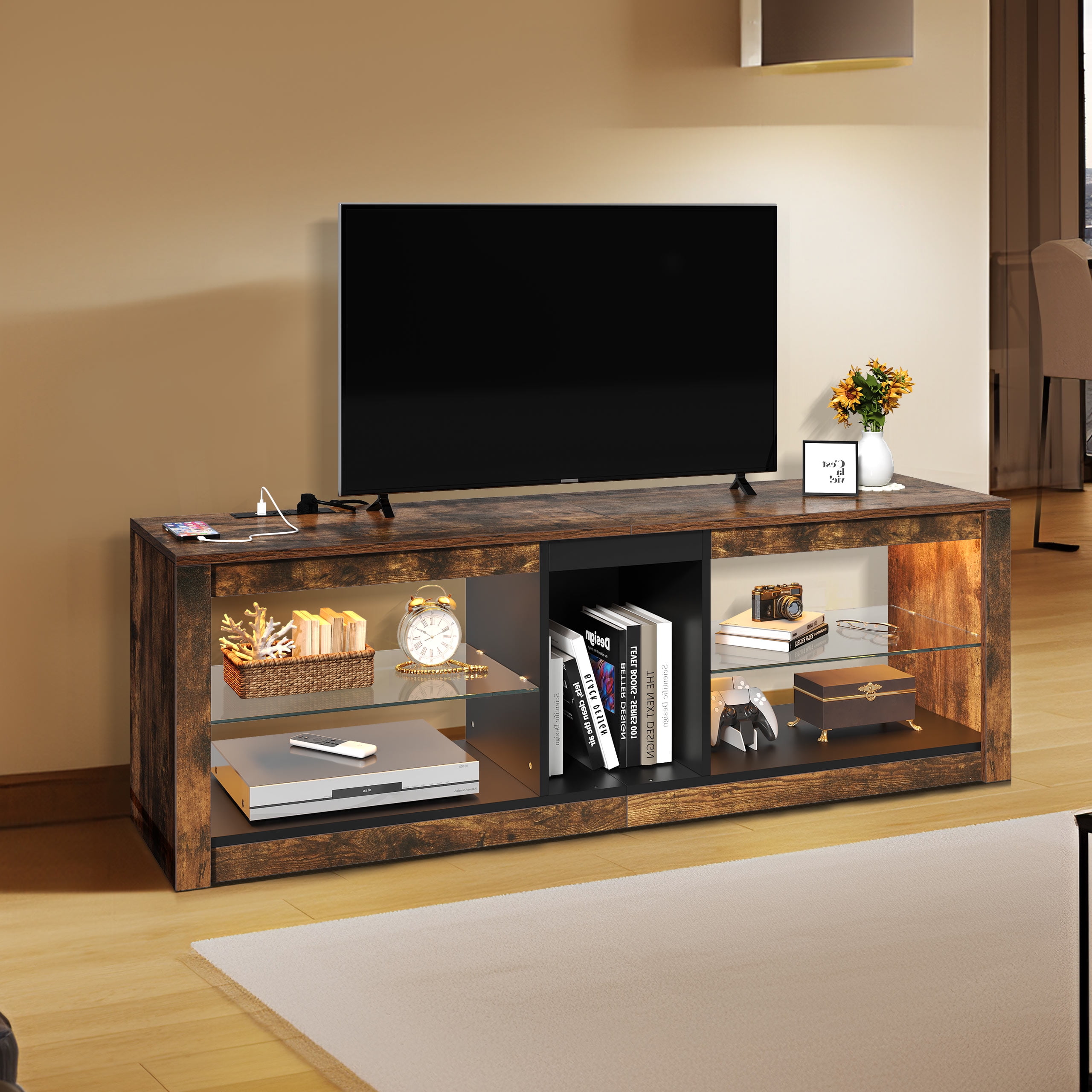 DWVO Farmhouse TV Stand with LED Ambient Lights Entertainment Center ...