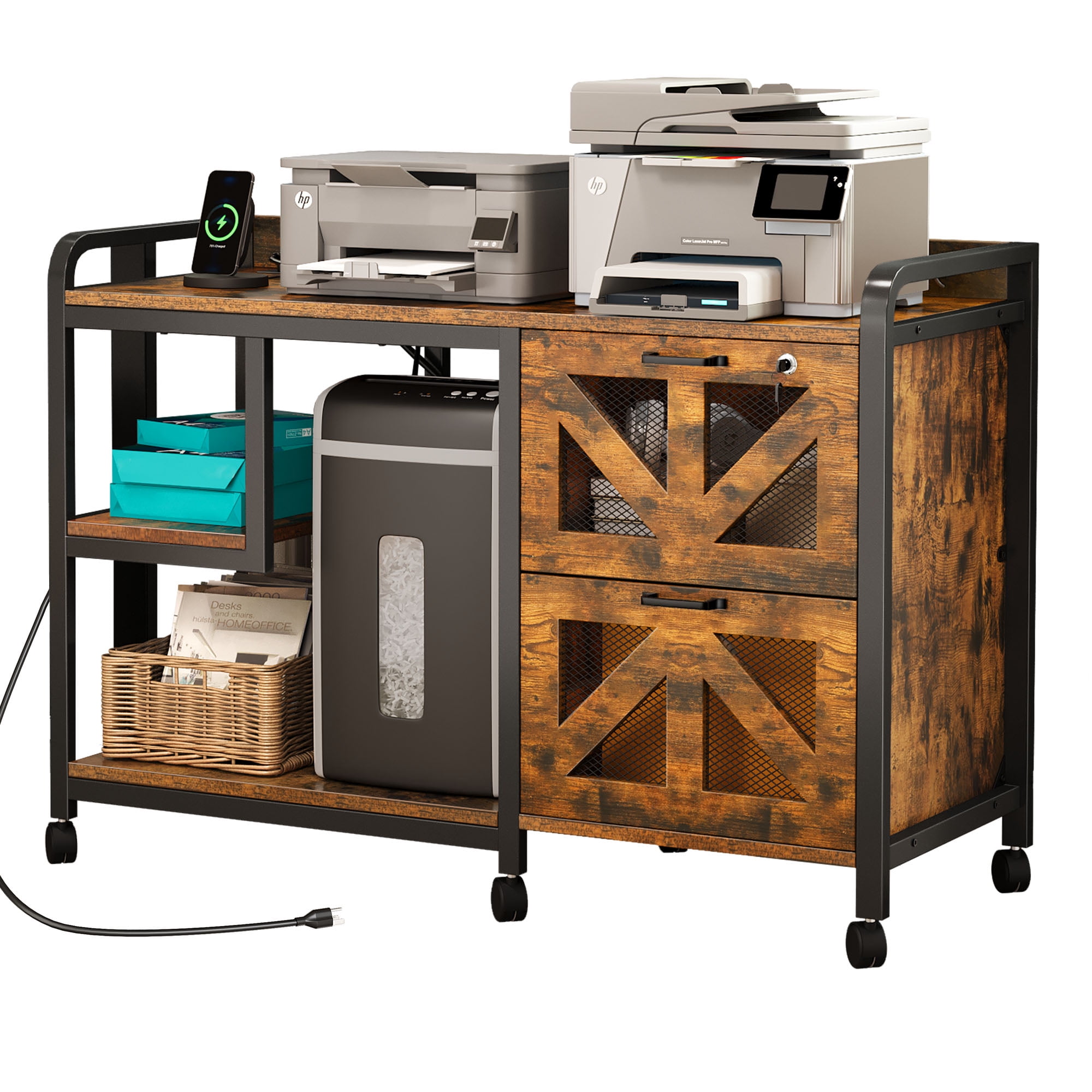 DWVO File Cabinet with Charging Station , Printer Table Cabinet Rolling ...