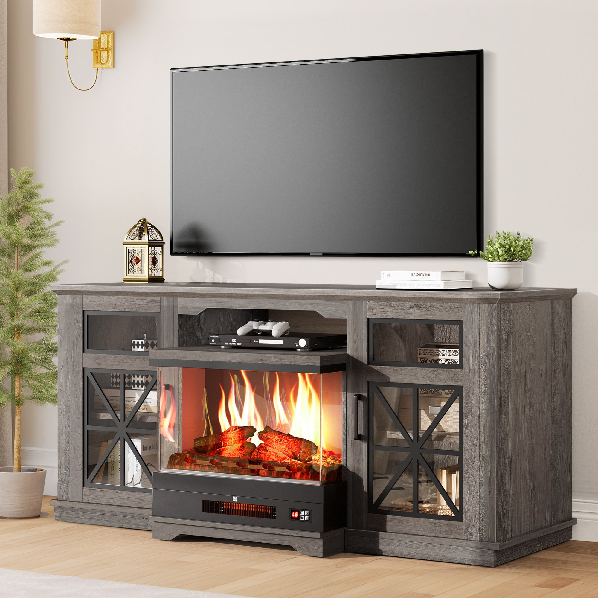 DWVO Highboy Entertainment Center with 3-Sided Glass Fireplace, TV ...