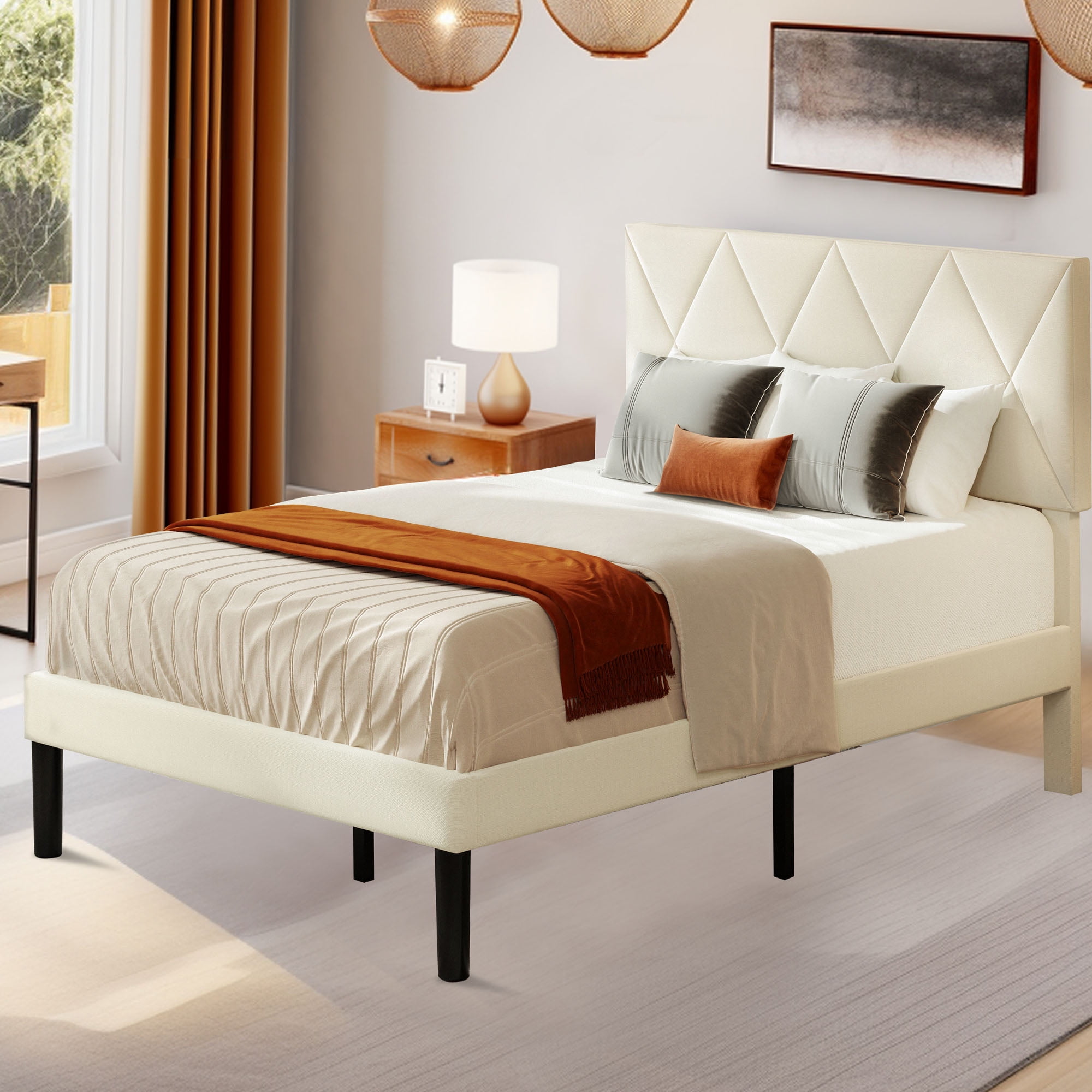 DWVO Full Size Upholstered Bed Frame with Adjustable Headboard, Wooden ...