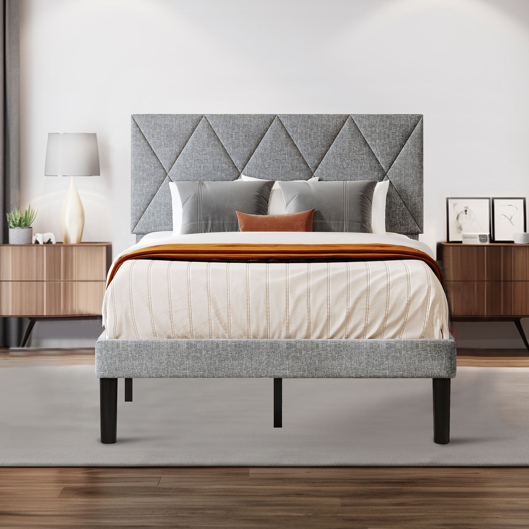 DWVO Full Size Upholstered Bed Frame with Adjustable Headboard, Wooden ...