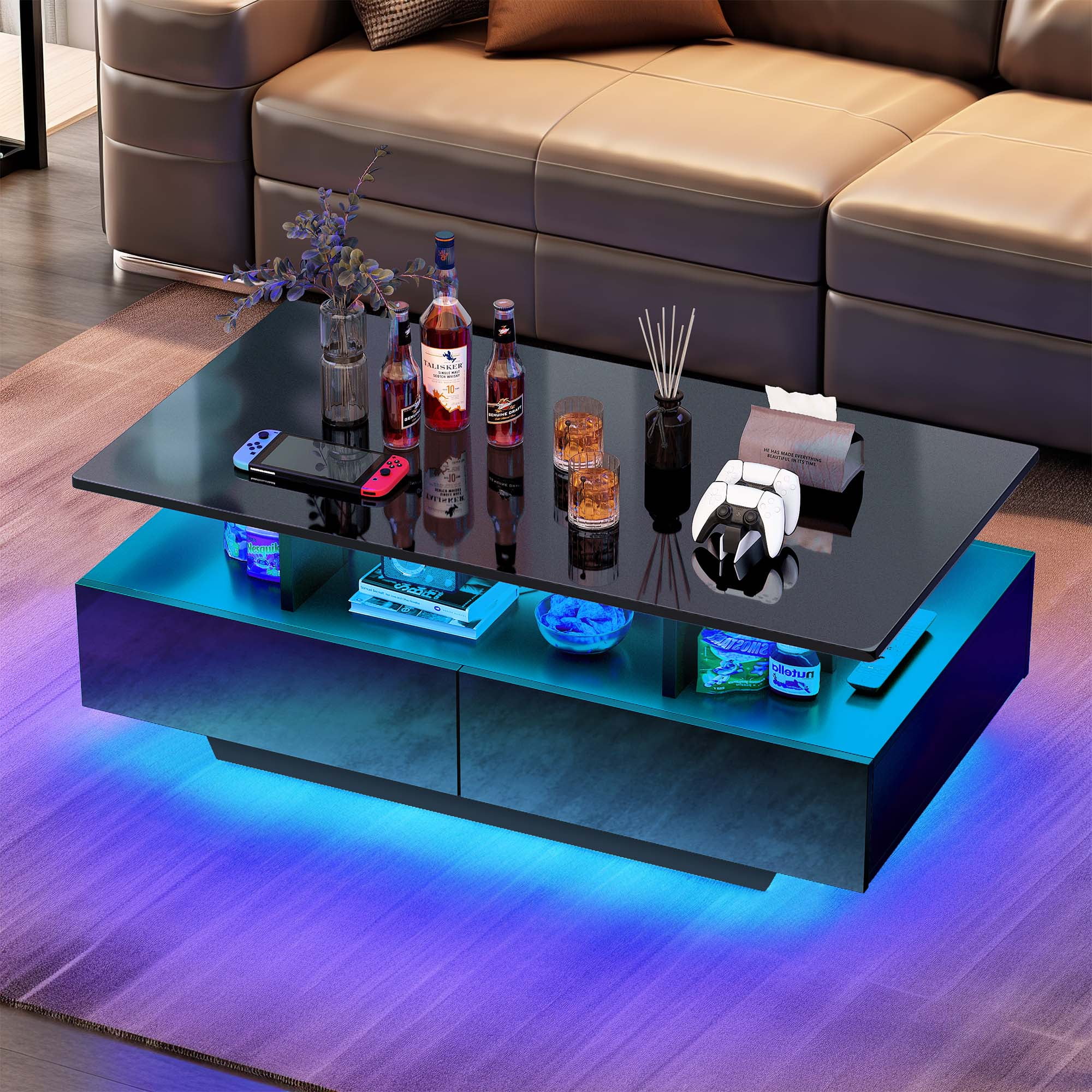 DWVO High Glossy LED Center Tables for Living Room, Modern Coffee Table ...