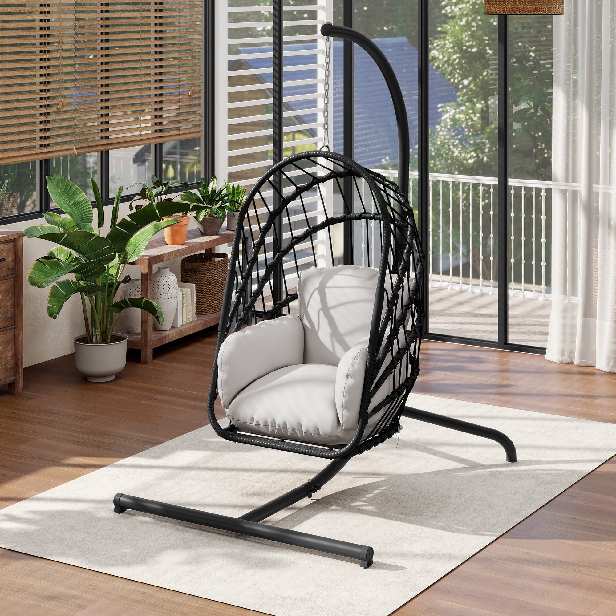 DWVO Rattan Swing Egg Chair for Indoor/Outdoor with Stand, Soft Cushion ...