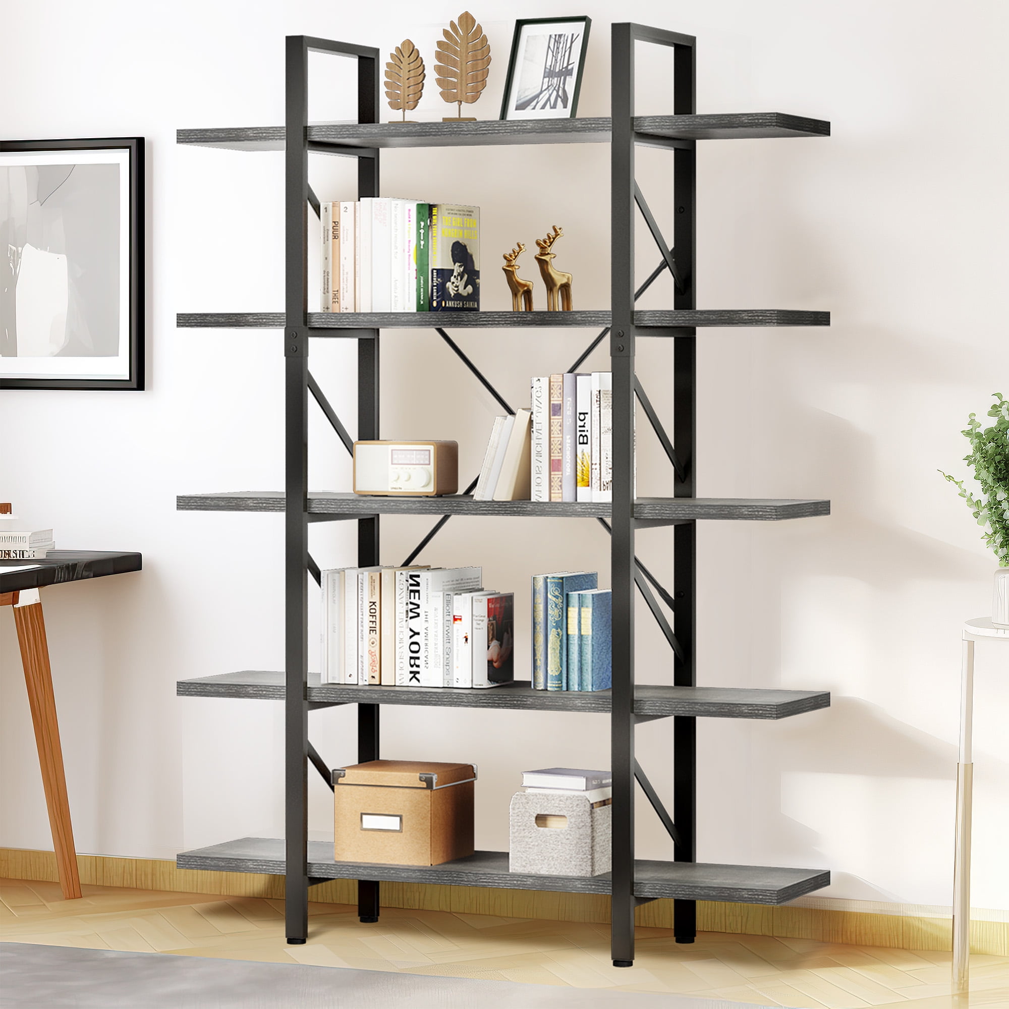 DWVO 5 Tier Industrial Bookshelf, Charcoal Gray Metal Storage Shelves ...