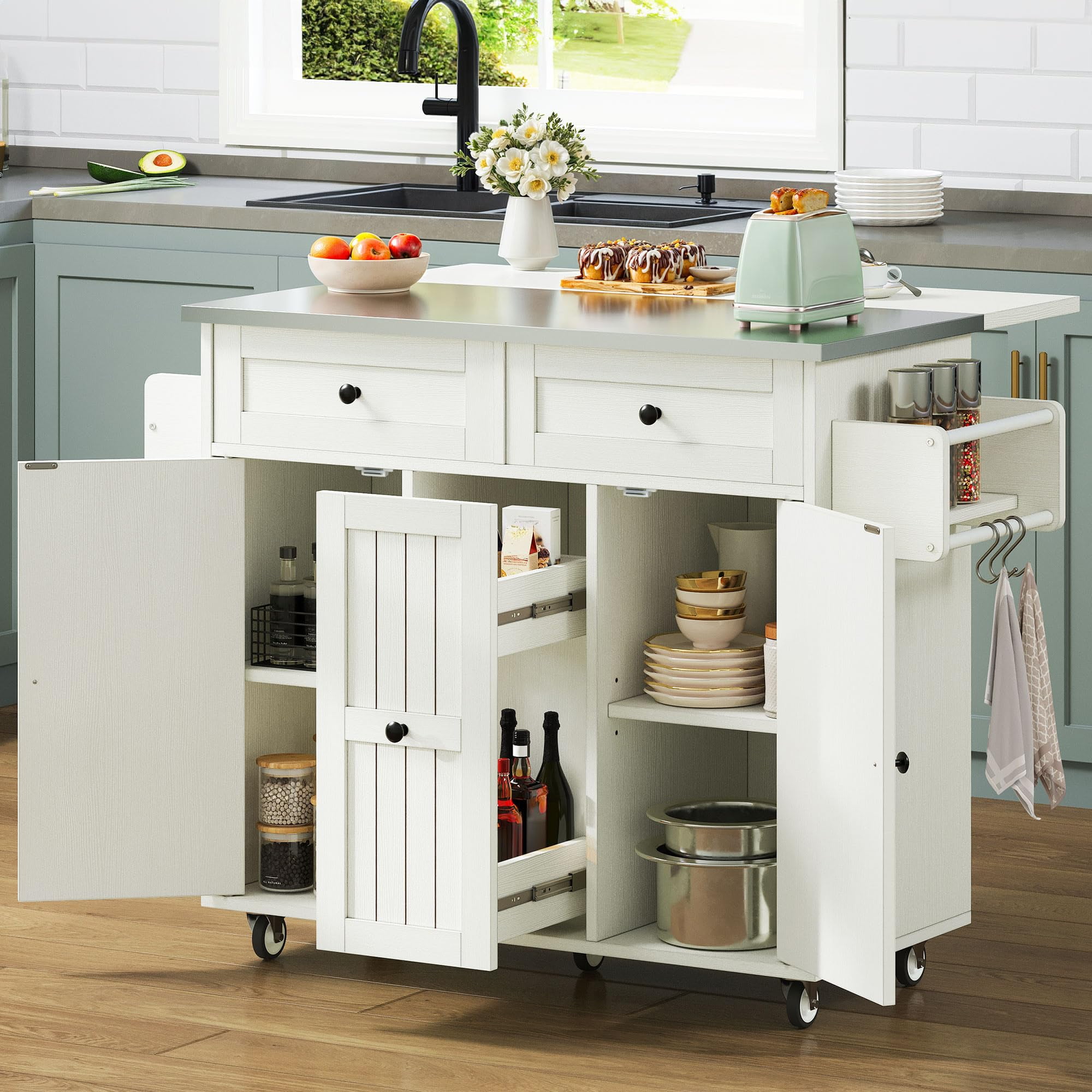 DWVO Kitchen Island on Wheels, Mobile Kitchen Island Cart with Folding ...