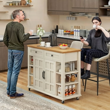Kadyn Moveable Kitchen Island Cart, Rolling Bar Cart with 4 Door ...