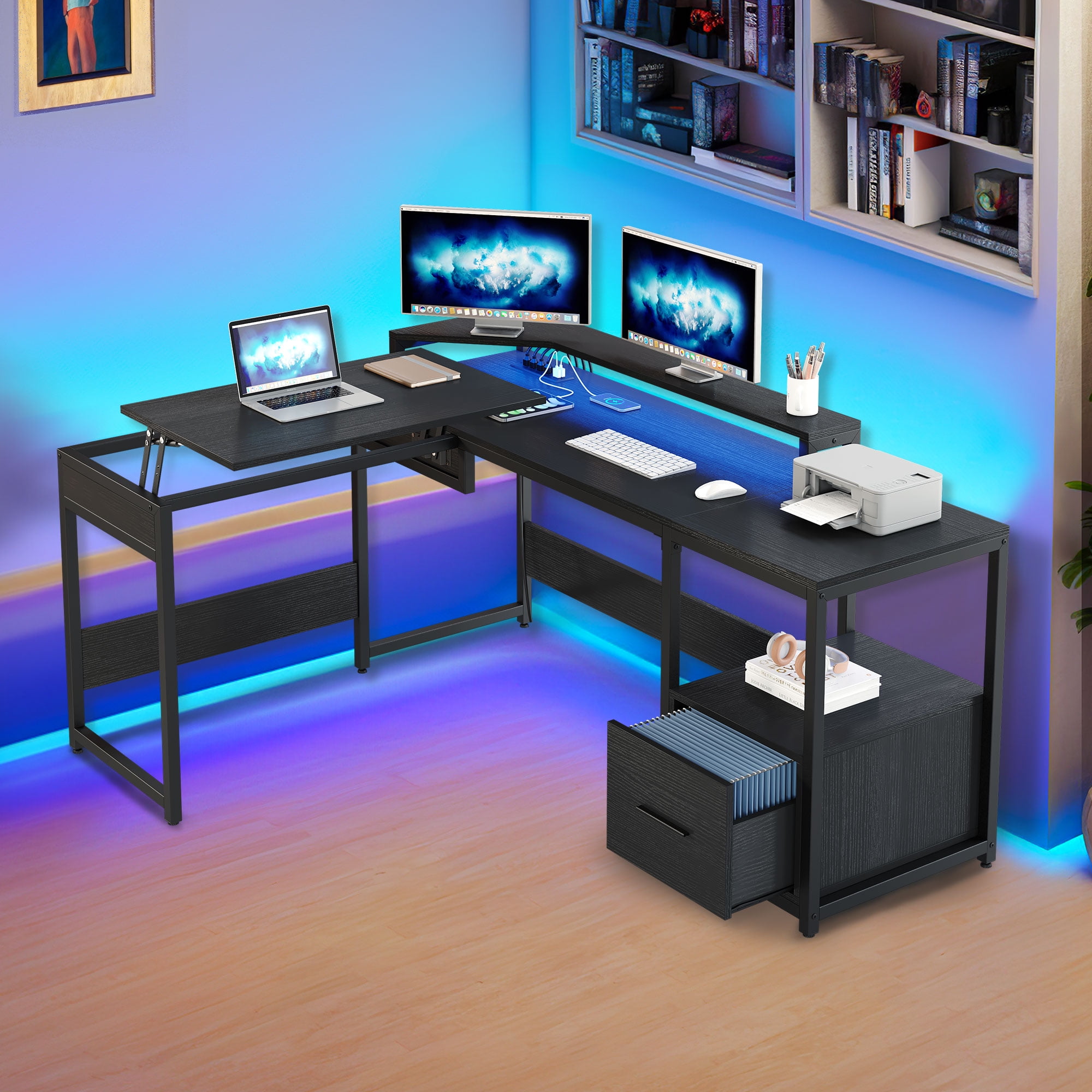 DWVO L Shaped Desk with File Drawer & Lift Top, L Shaped Computer Desk ...