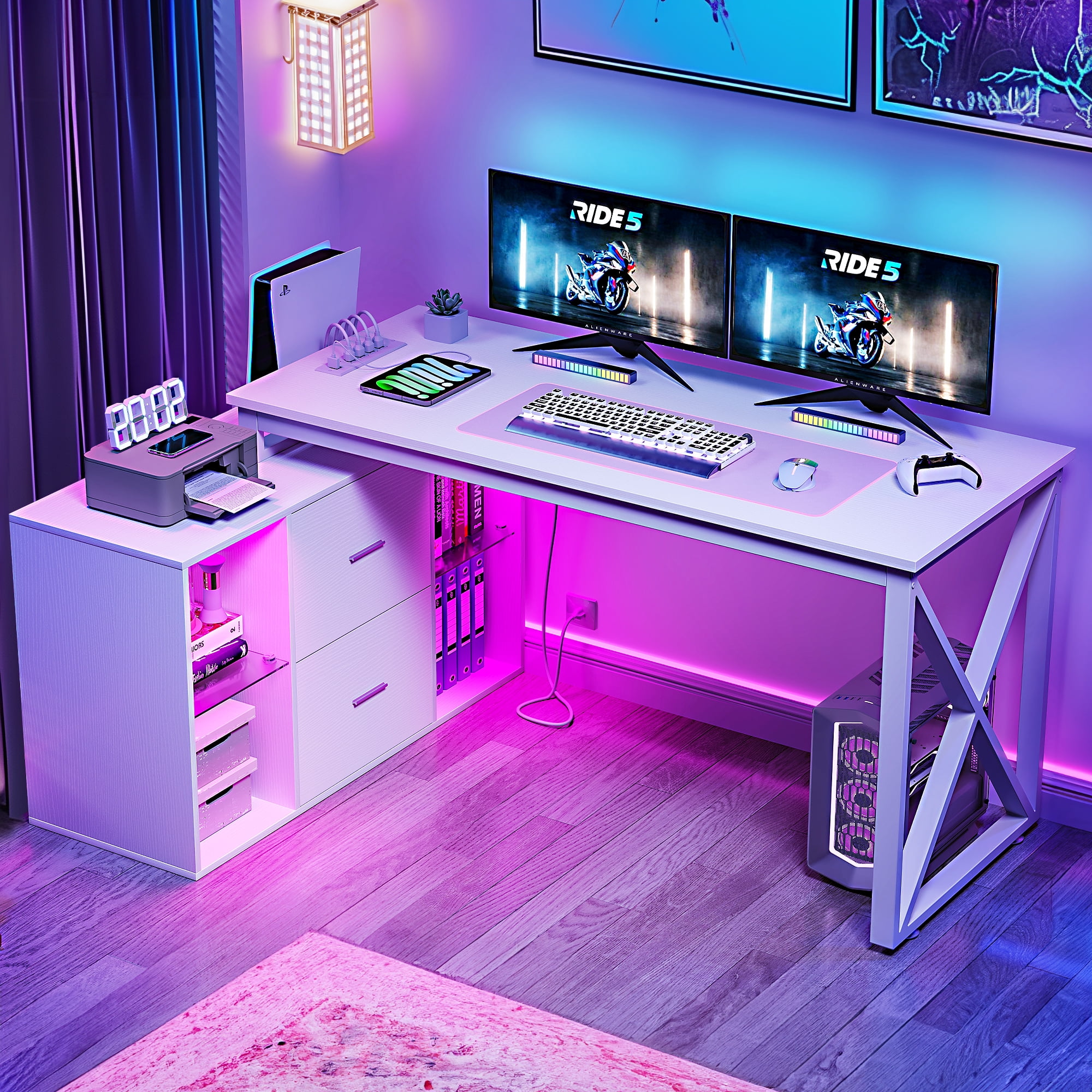 DWVO L Shaped Desk with LED Light & Power Outlets, 55 Inch Reversible ...