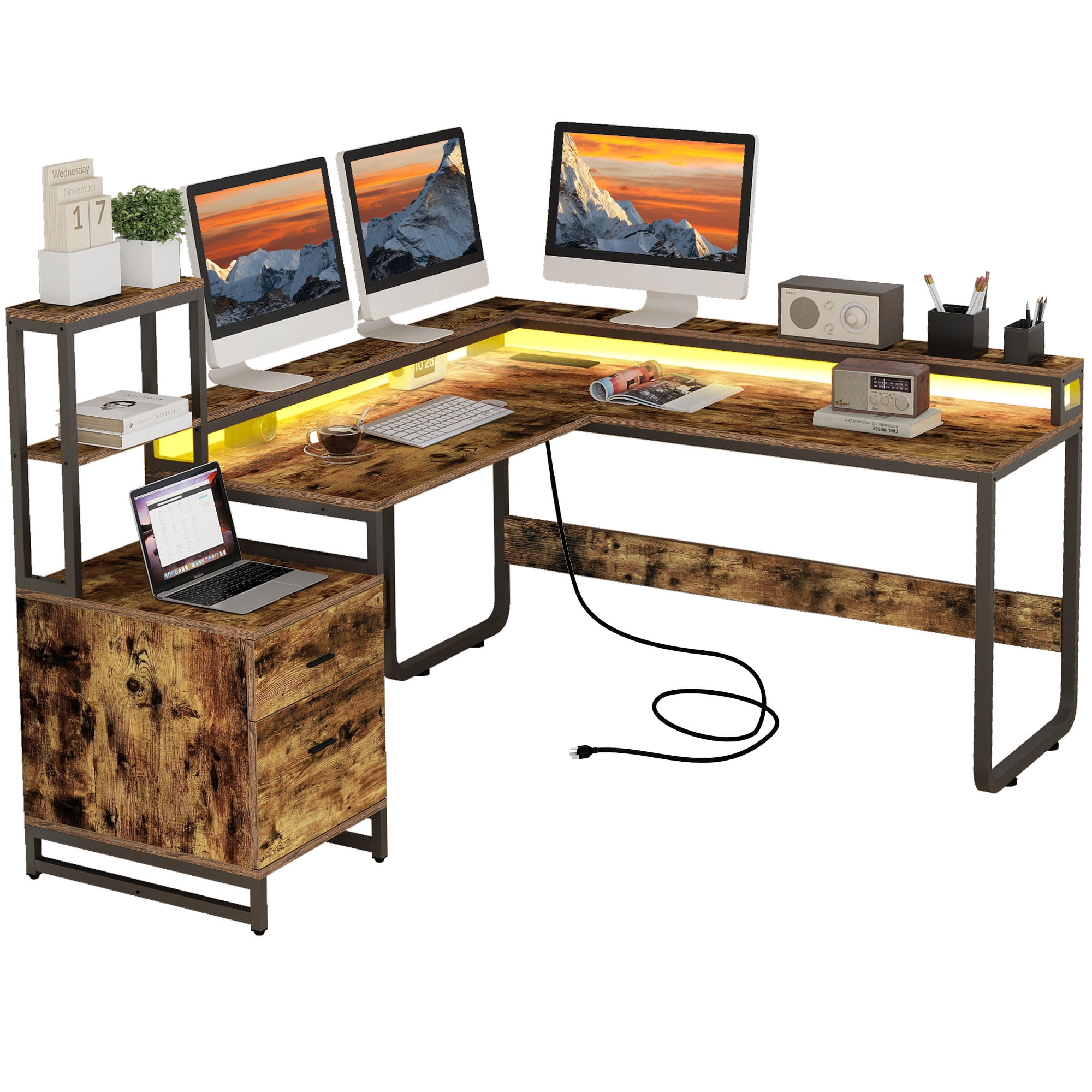 DWVO L Shaped Desk with Power Outlets & LED Lights, Reversible Computer ...
