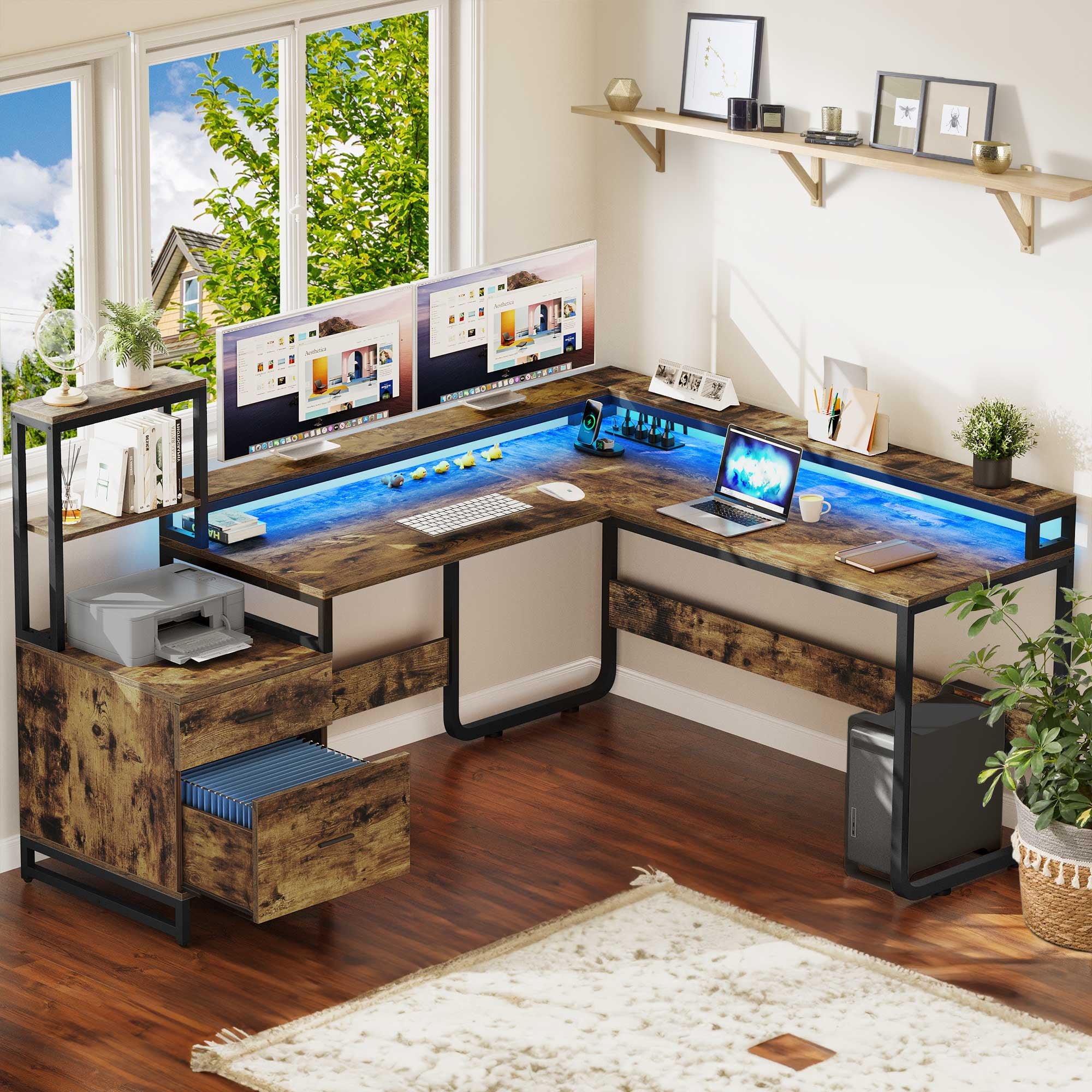 DWVO L Shaped Desk with Power Outlets & LED Lights, Reversible Computer ...