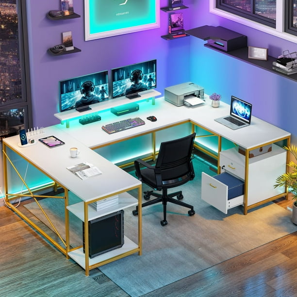 DWVO L Shaped Desk with Power Outlets & LED Lights, Reversible Computer ...