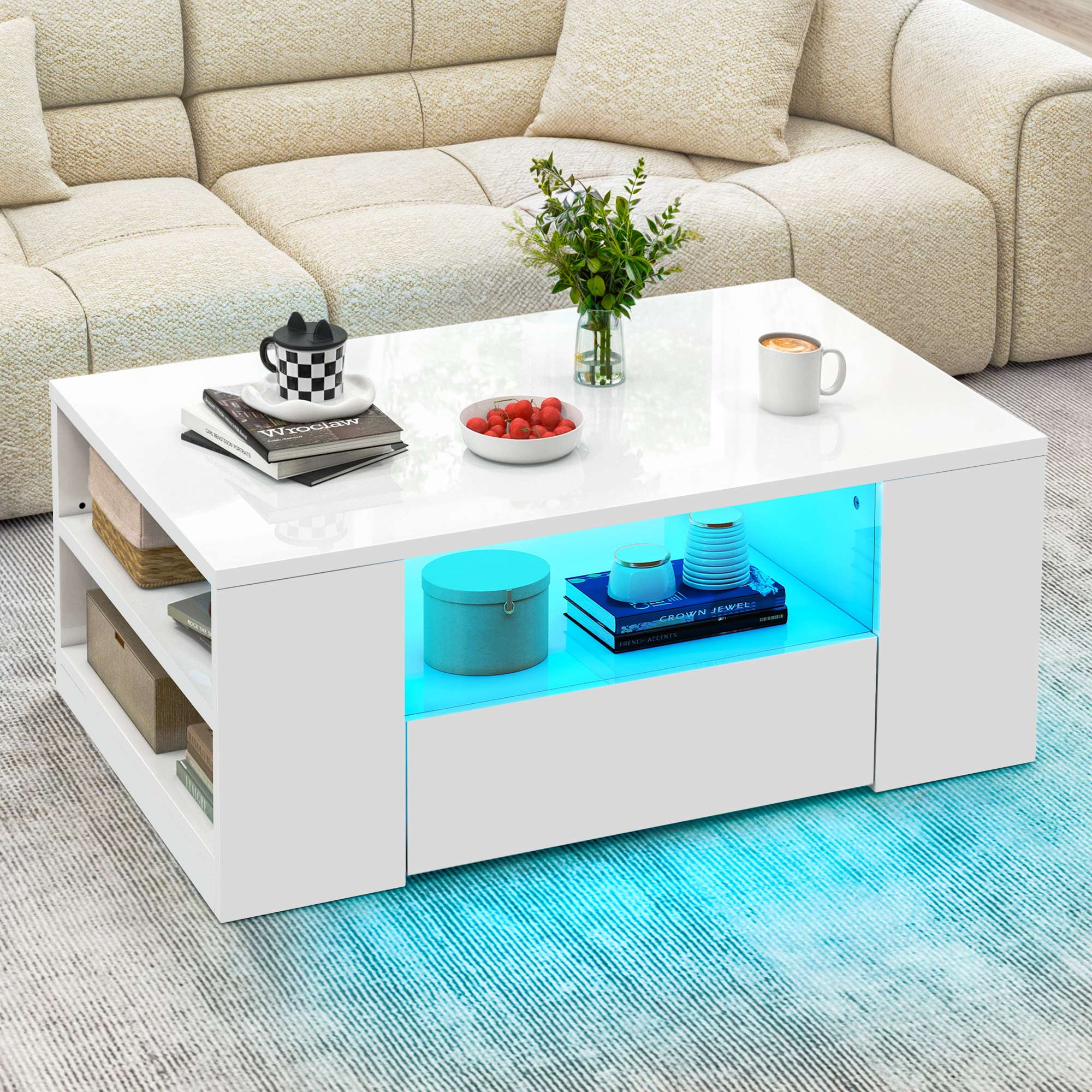DWVO LED Coffee Tables High Glossy Center Table with 2 Sliding Drawers ...