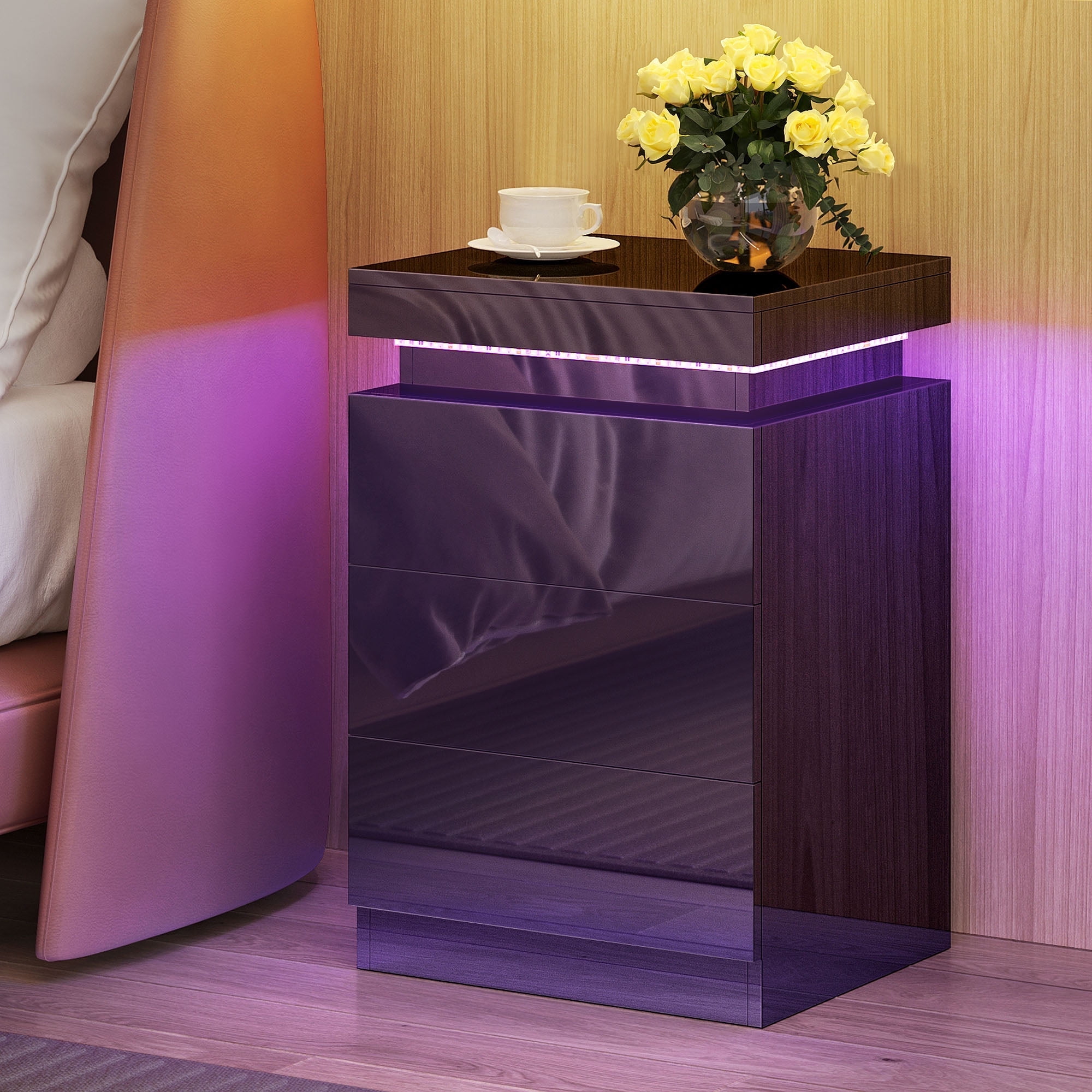 DWVO LED Nightstand with 3 Drawers, 27" H Modern Bedside table with ...