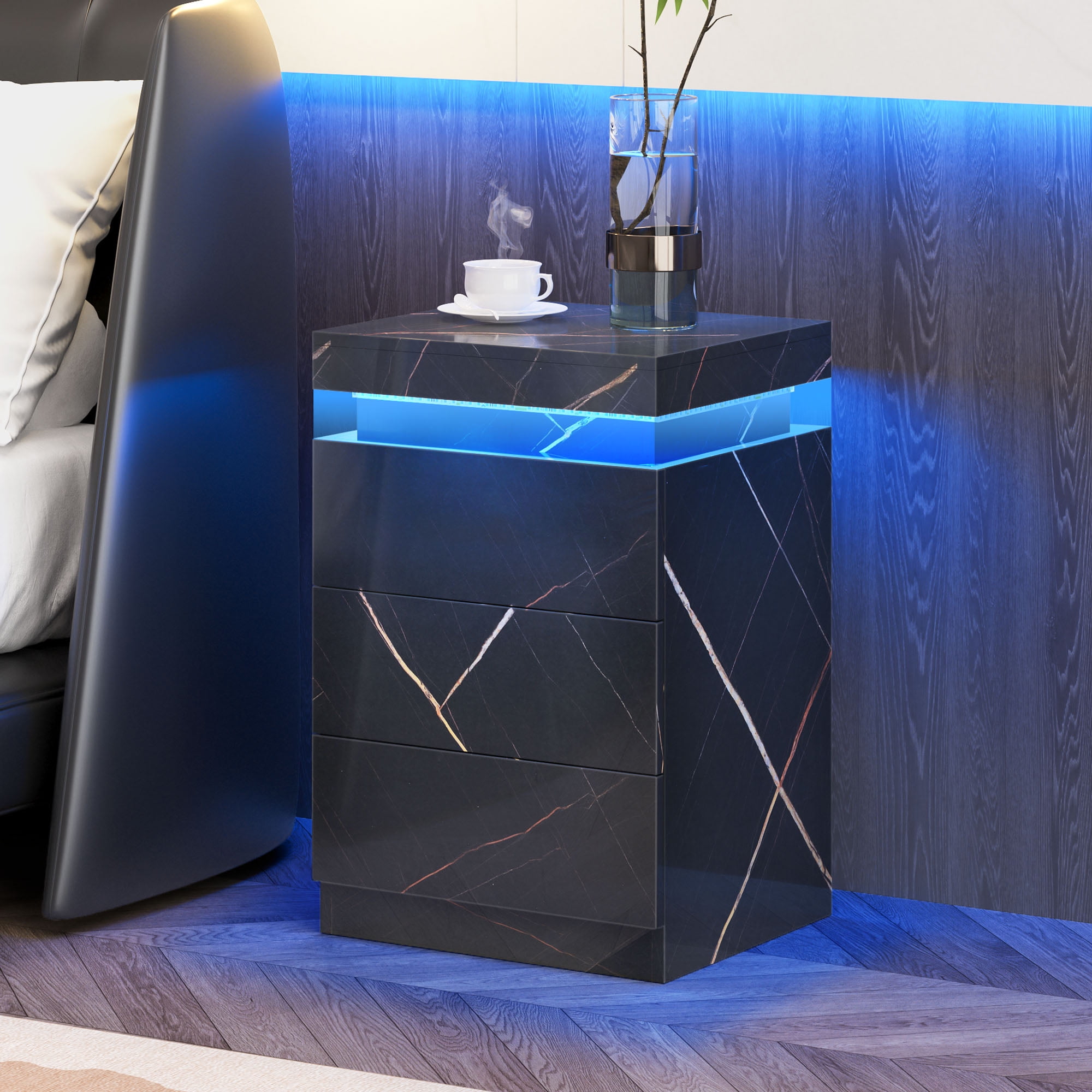DWVO LED Nightstand with 3 Drawers, 27" H Modern Bedside table with ...