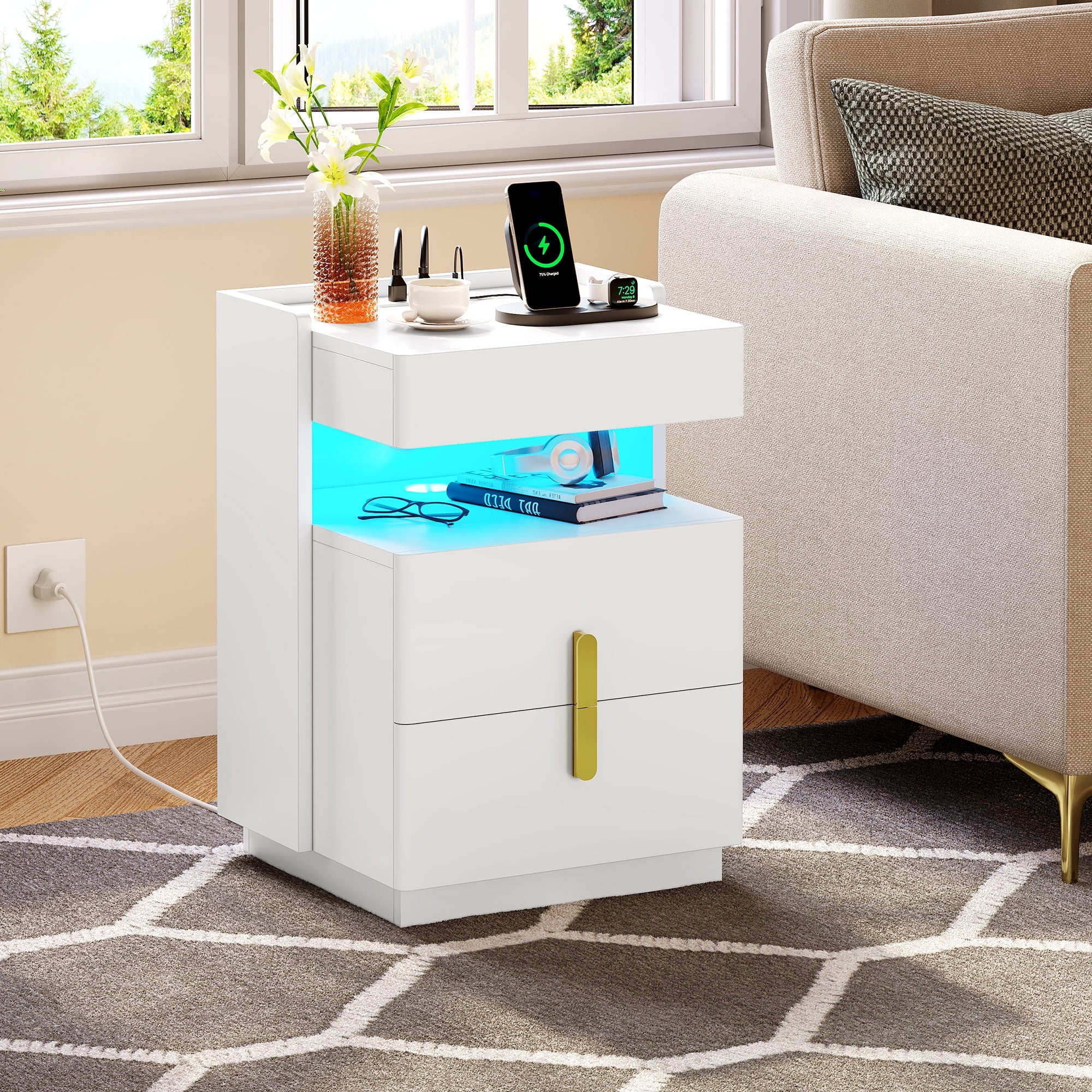 DWVO LED Nightstand with Charging Station Modern Bedside Tables Smart ...
