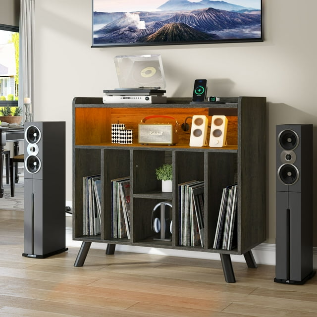 DWVO LED Record Player Stand with Power Outlets, Turntable Stand Holds ...