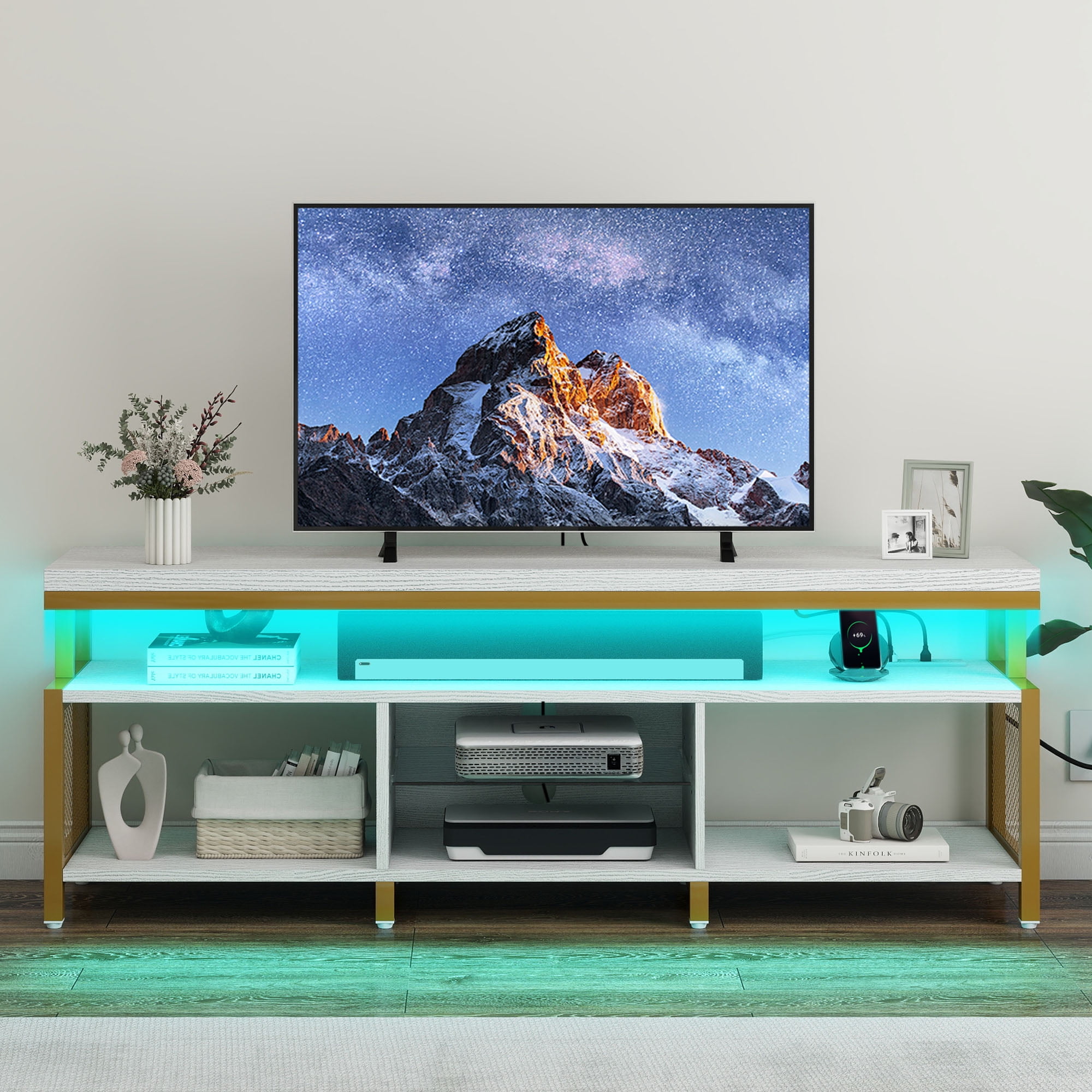 DWVO 70 inch Industrial LED TV Stand with RGB & Power Outlets, White ...