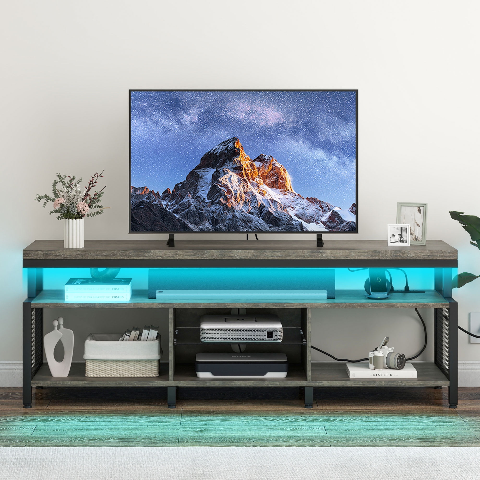 DWVO LED TV Stands w/Power Outlets, Industrial TV Stand for 55/60/65/70 ...