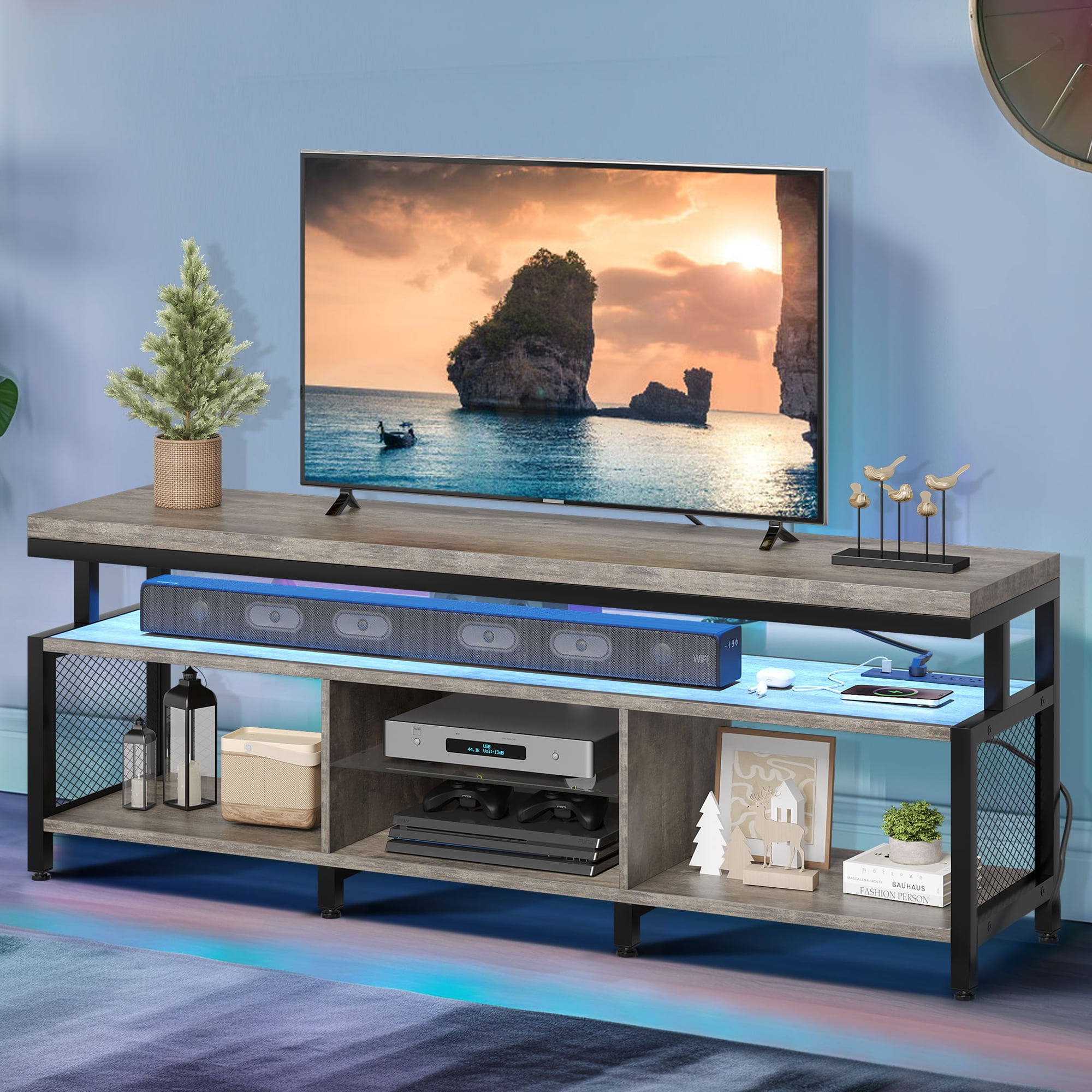 DWVO LED TV Stands w/Power Outlets, Industrial TV Stand for 55/60/65/70 ...