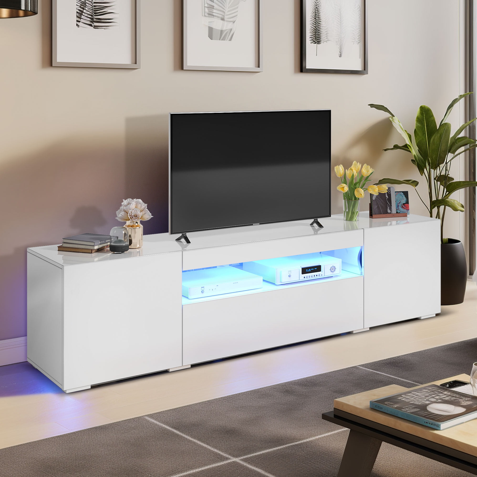 DWVO High Glossy White TV Stand for 90 inch TVs, 2 Drawers, 2 Cabinets ...