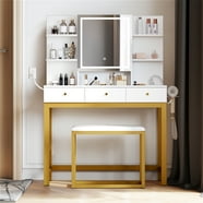 ZAFLY Vanity Set with LED Light Mirror, Makeup Vanities with Drawers ...