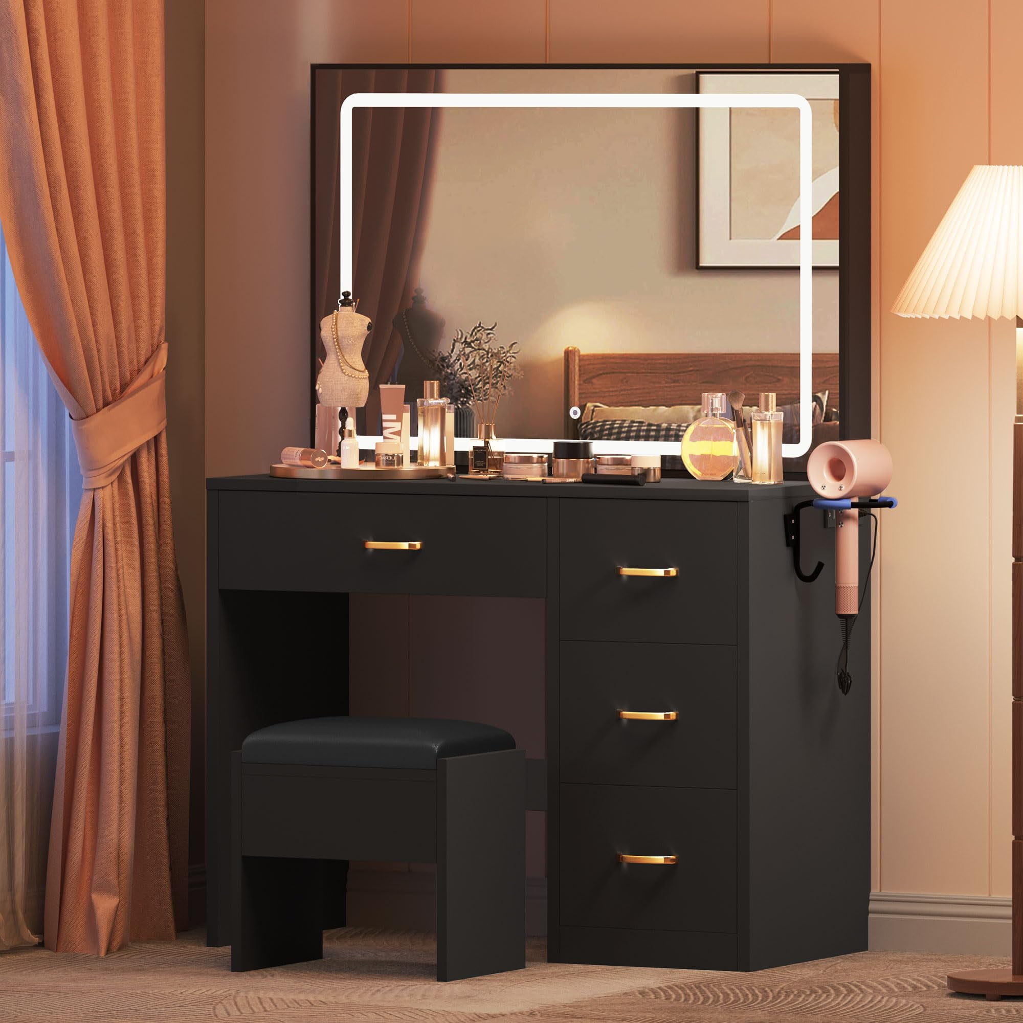 DWVO Makeup Vanity Table, Vanity Desk Set with Large Mirror and LED ...