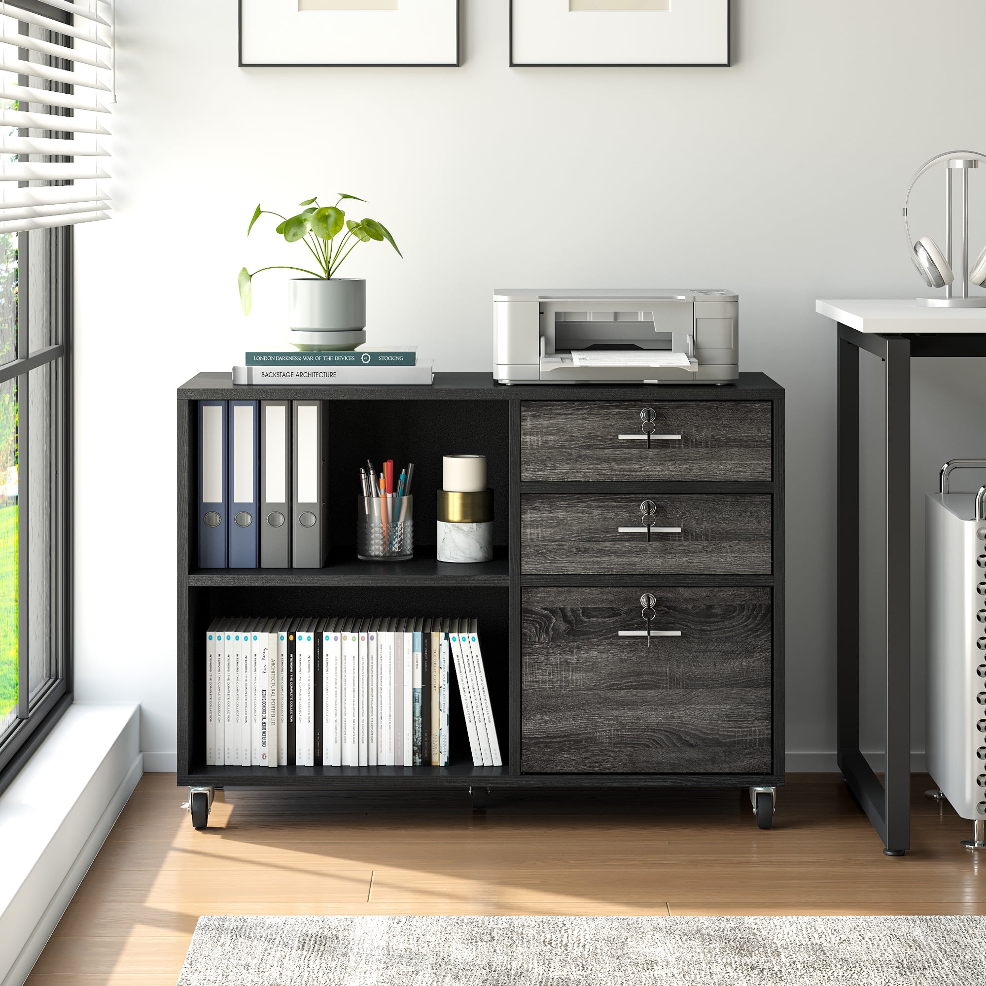 DWVO Locking Office Desk Storage Cart with Wheels, Rolling Furniture, 3 ...