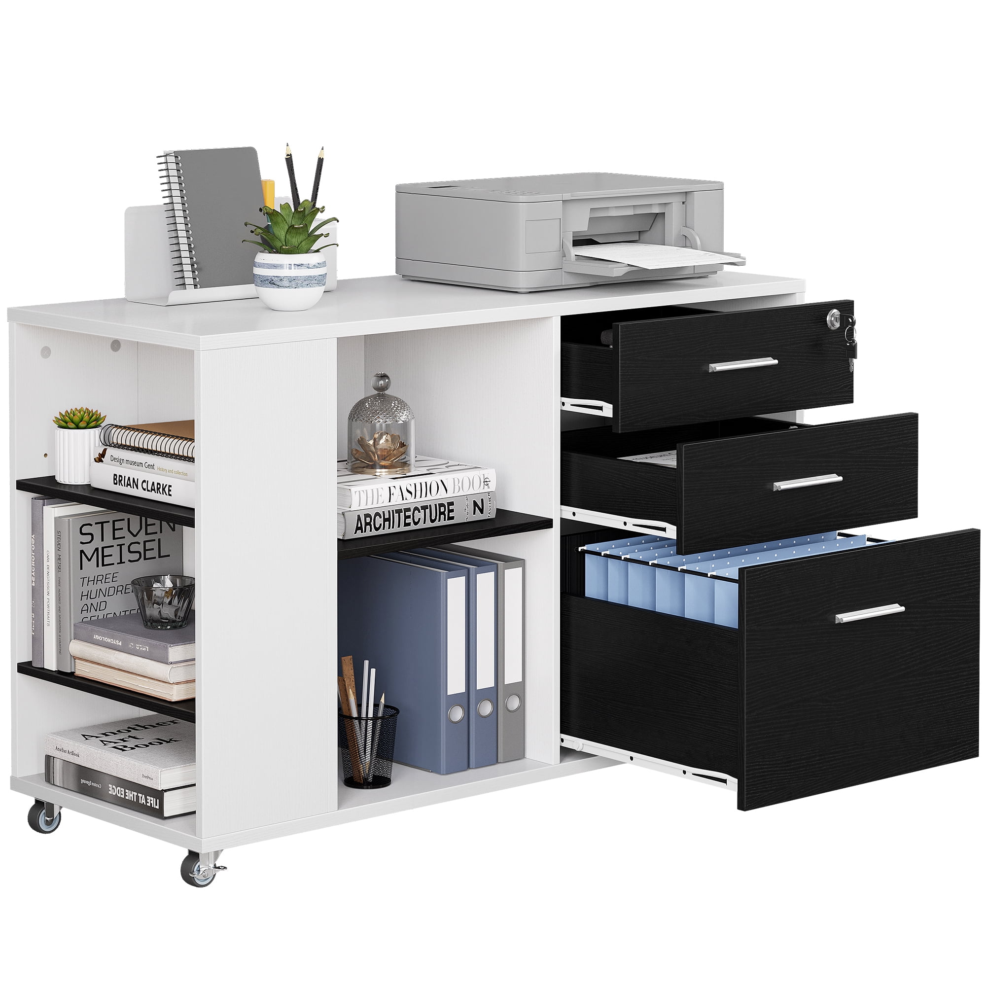 DWVO 3-Drawer Wood Mobile File Cabinet with Lock & Shelves, Home Office ...