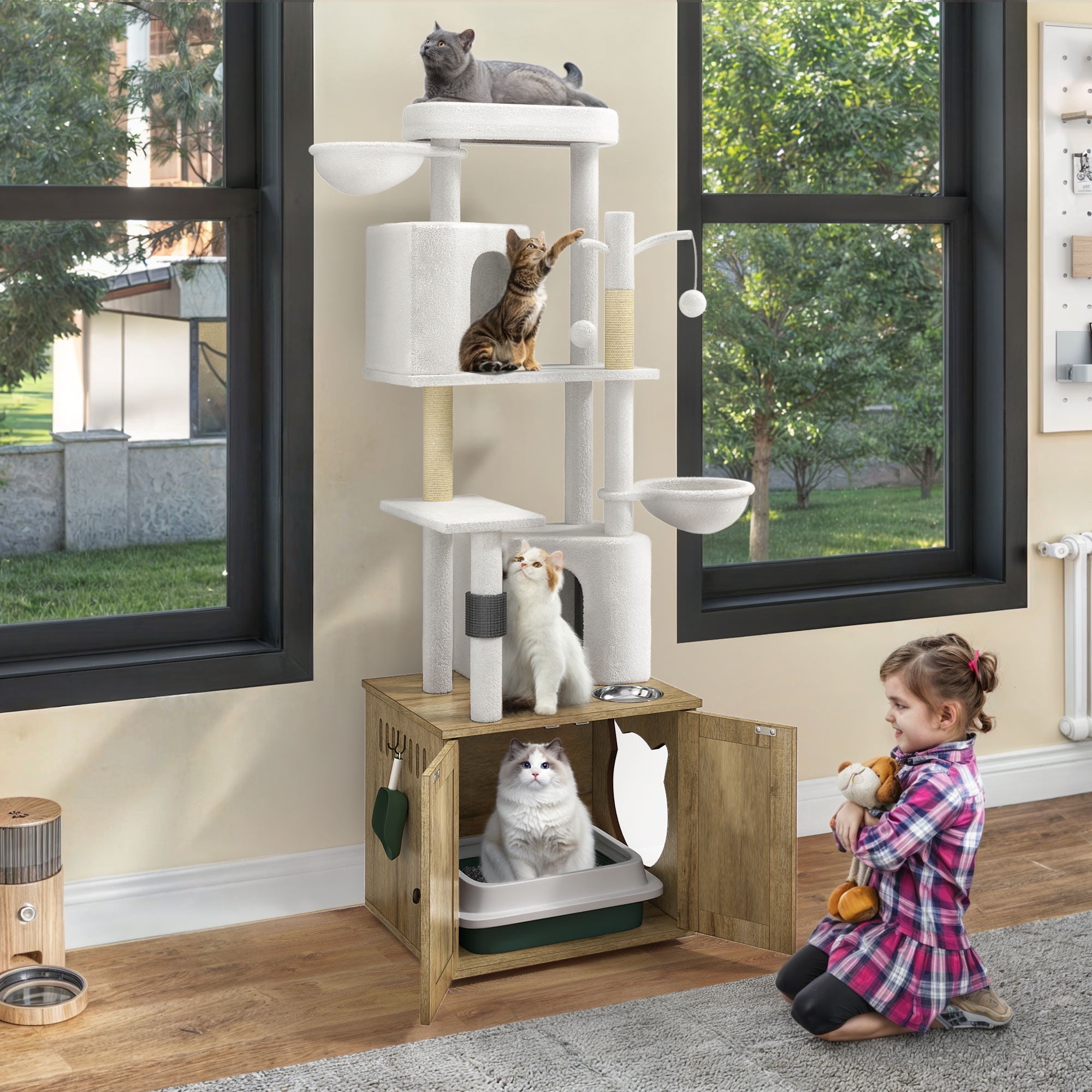 DWVO Modern Cat Tree with Hidden Litter Box Enclosure, Cat Furniture ...