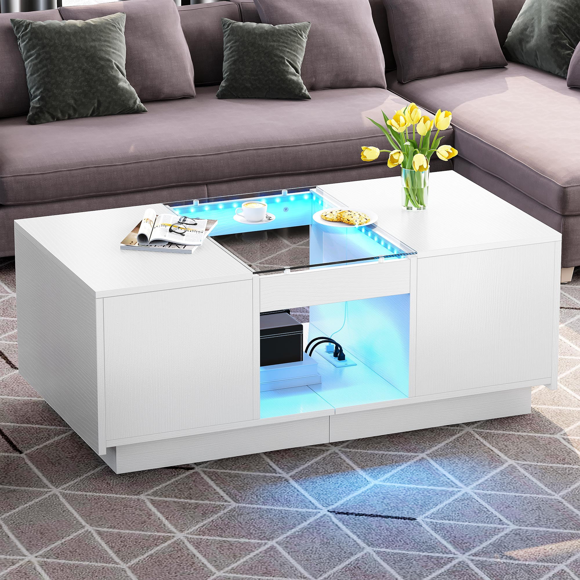 DWVO Modern LED Coffee Table, White Living Room Center Tables with ...