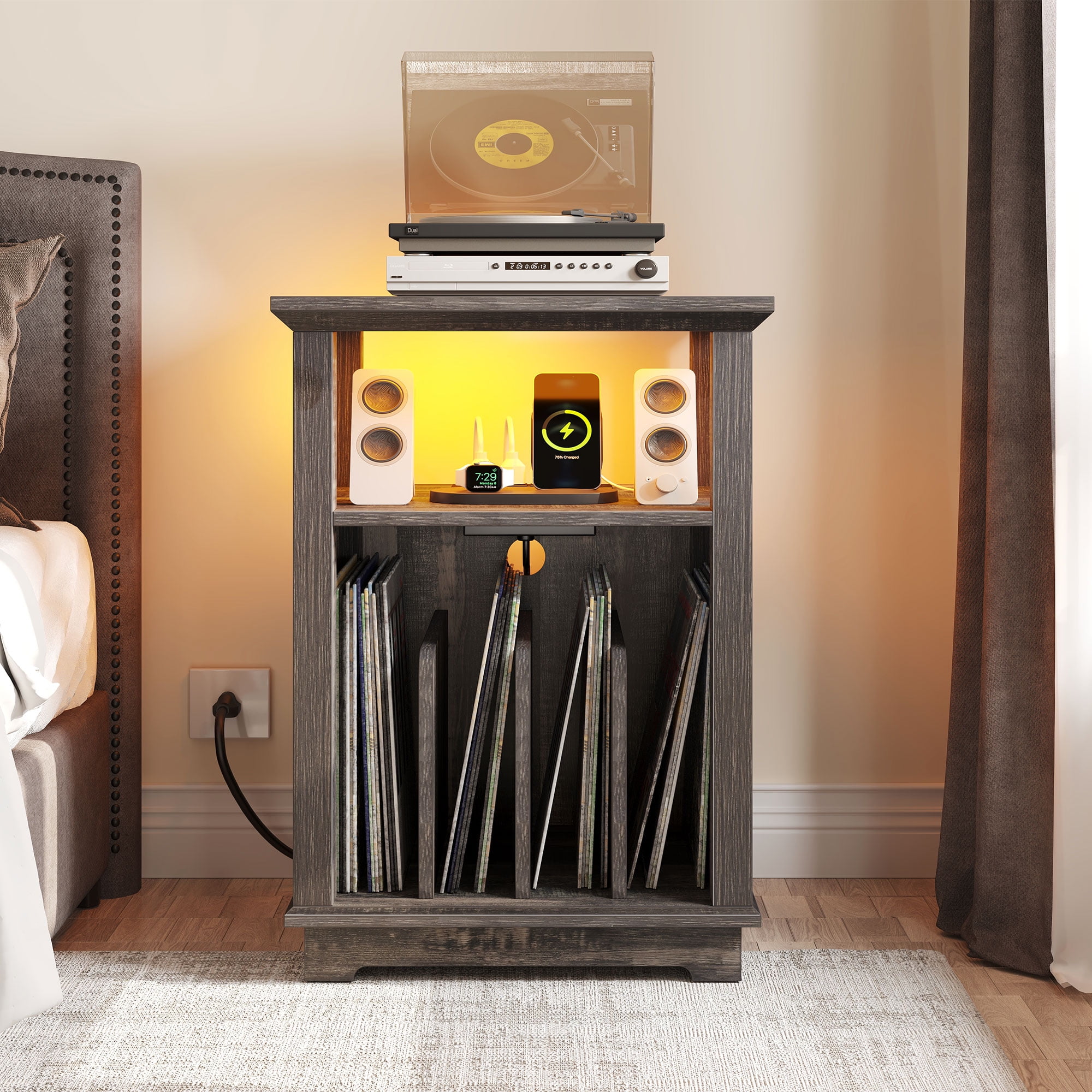 DWVO Modern Record Player Stand with Charging Station, Side End Table ...