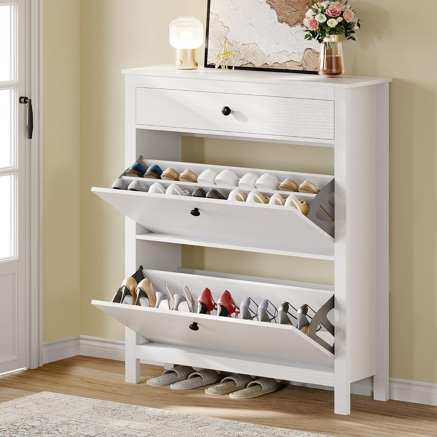 DWVO Narrow Shoe Cabinet with 2 Flip Drawer Slim White Shoe Storage ...