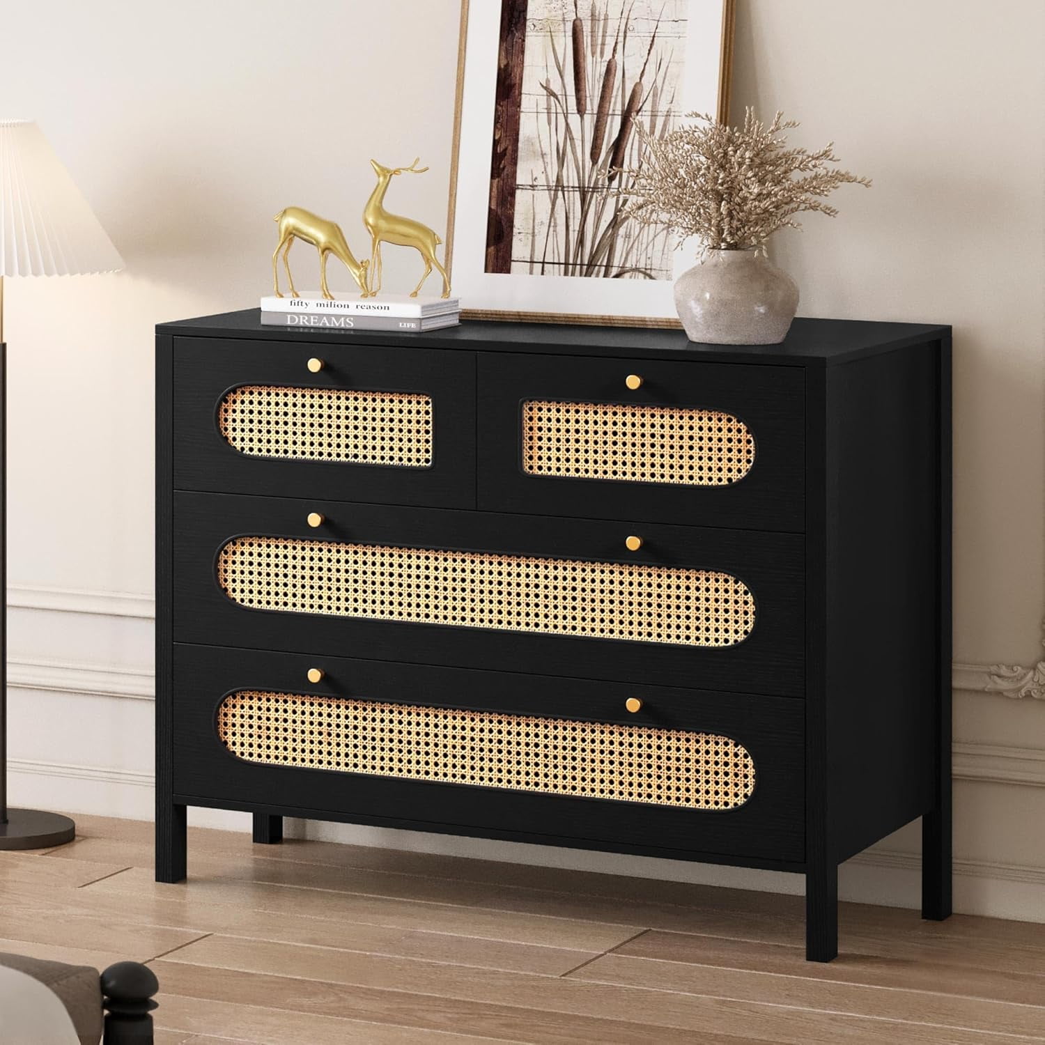 DWVO Natural Rattan 4 Drawer Dresser, Black Rattan Dressers Chest of ...