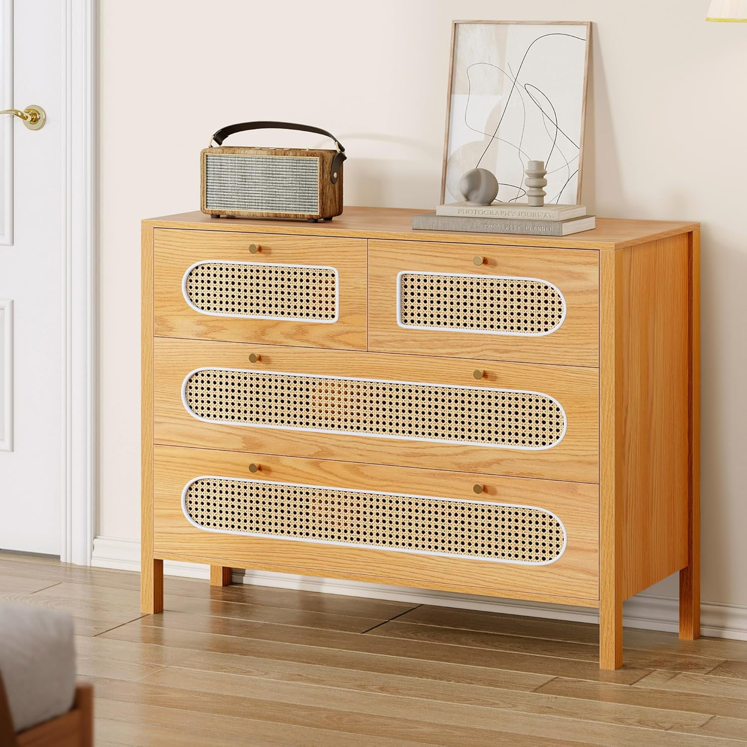 DWVO Natural Rattan 4 Drawer Dresser, Black Rattan Dressers Chest of ...