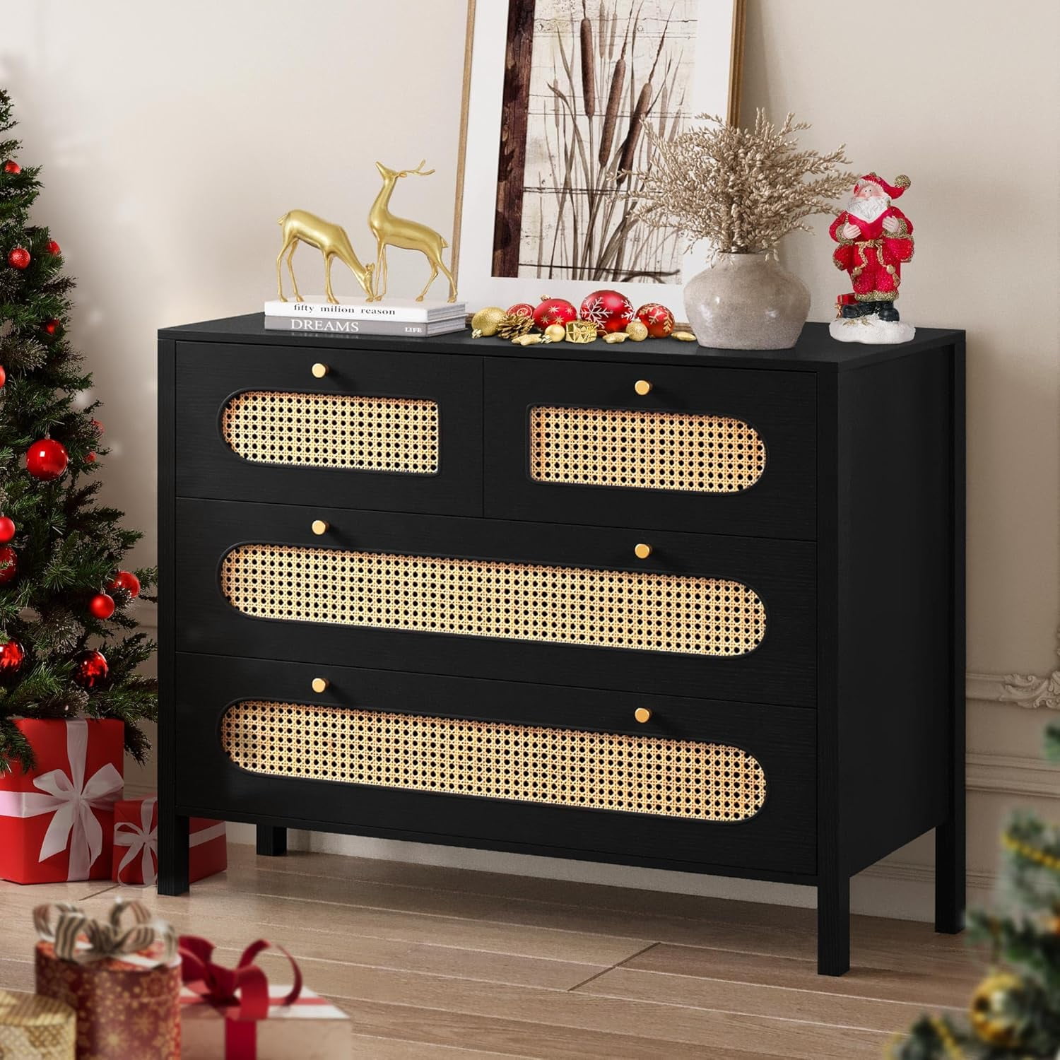 DWVO Natural Rattan 4 Drawer Dresser, Black Rattan Dressers Chest of ...